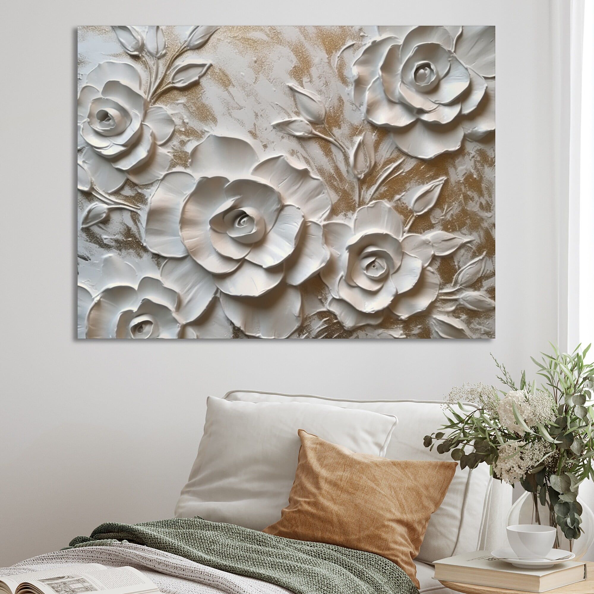 DESIGN ART Designart "White Roses In Bloom" Floral Rose Canvas Prints 44 in. wide x 34 in. high ...
