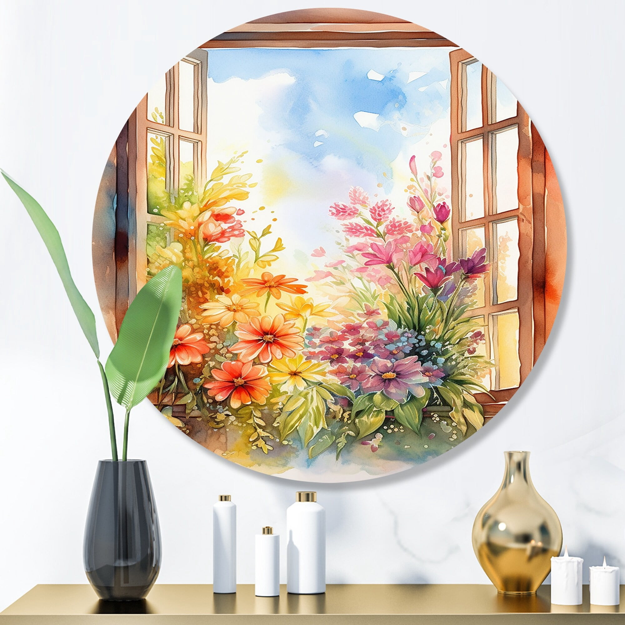Designart "Floral Blooms at the Window IV" Floral Window Metal Round ...