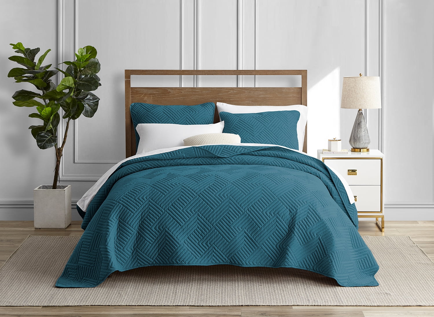 DESIGN STUDIO Garment Wash Grid Teal 3-Piece Microfiber Quilt Set ...