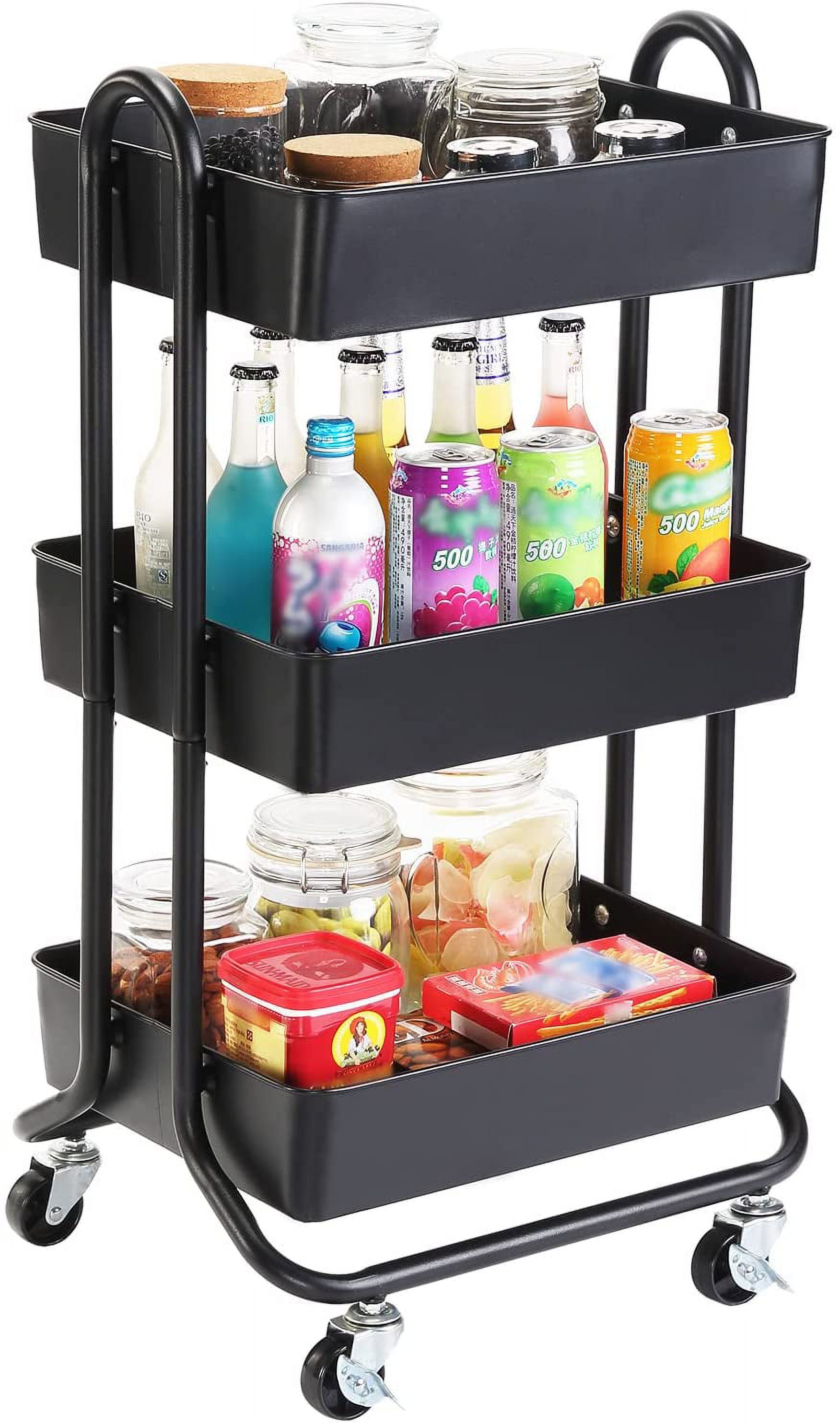DESIGNA 3-Tier Rolling Cart, Utility Cart with Handle, Extra 3 Storage ...