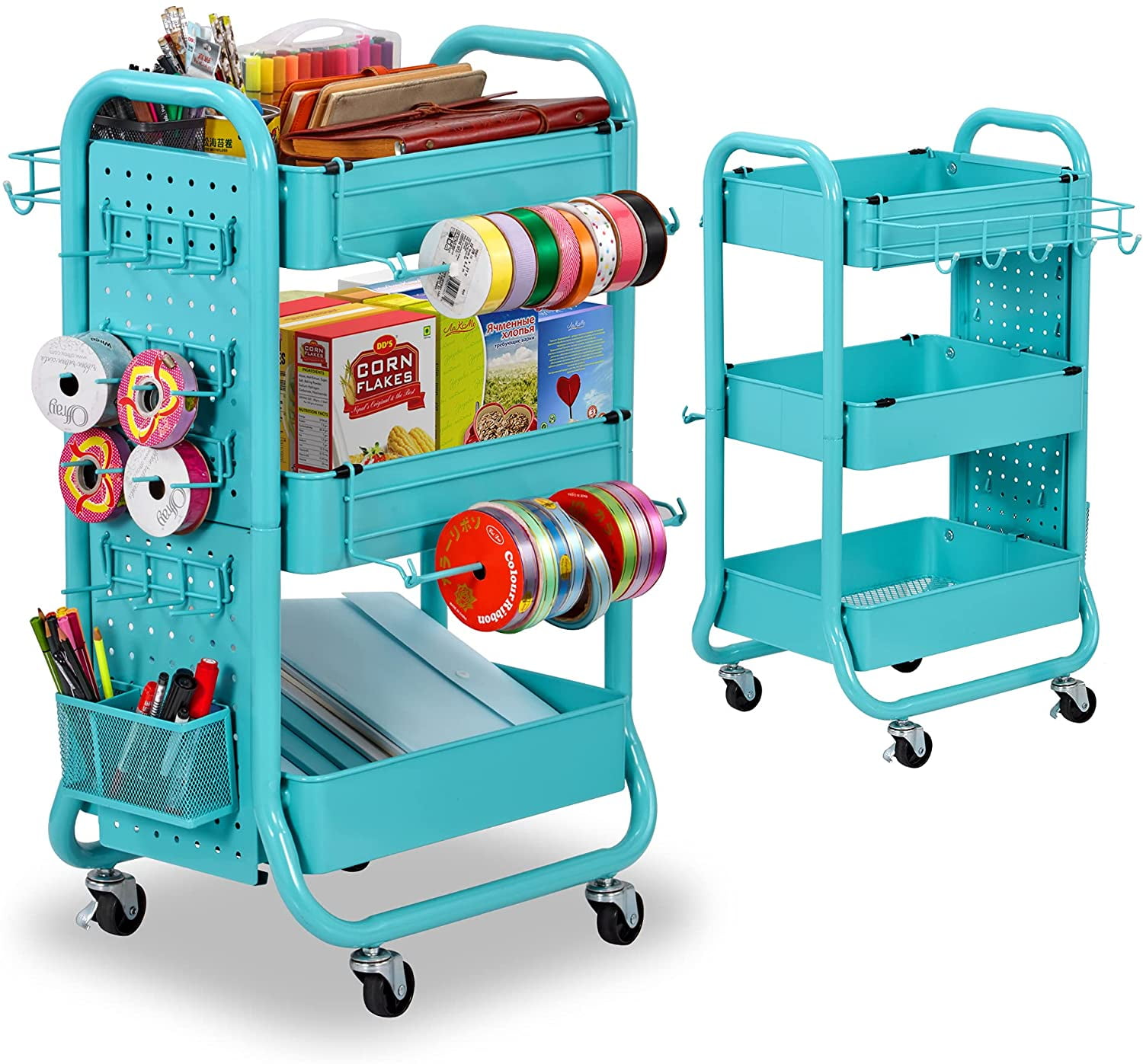 DESIGNA 3-Tier Rolling Cart, Utility Cart with Handle, Extra 3 Storage ...