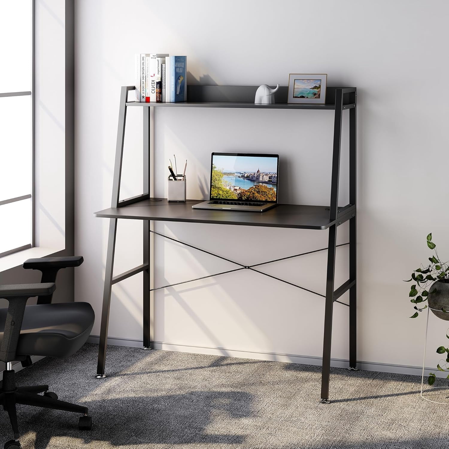 DESIGNA 48 Inch Ladder Desk with Storage Shelves, 2-Tier Home Office ...