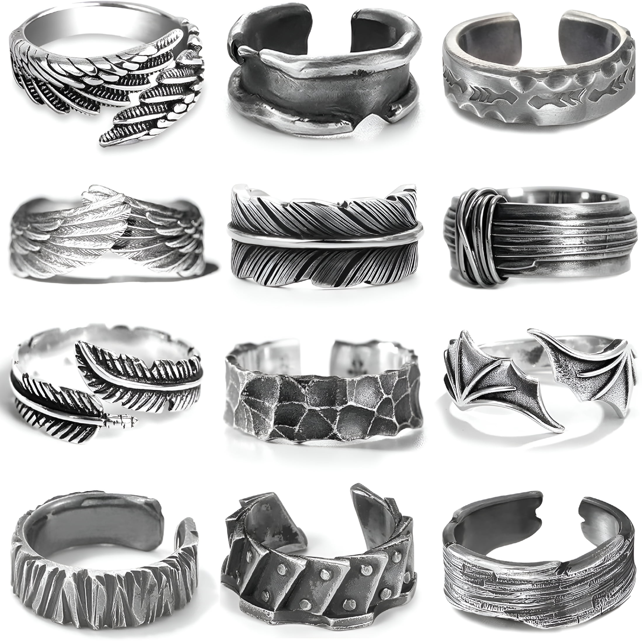 DESIGNICE 12Pcs Vintage Adjustable Angel Wings Ring Goth Punk Open Ring ...