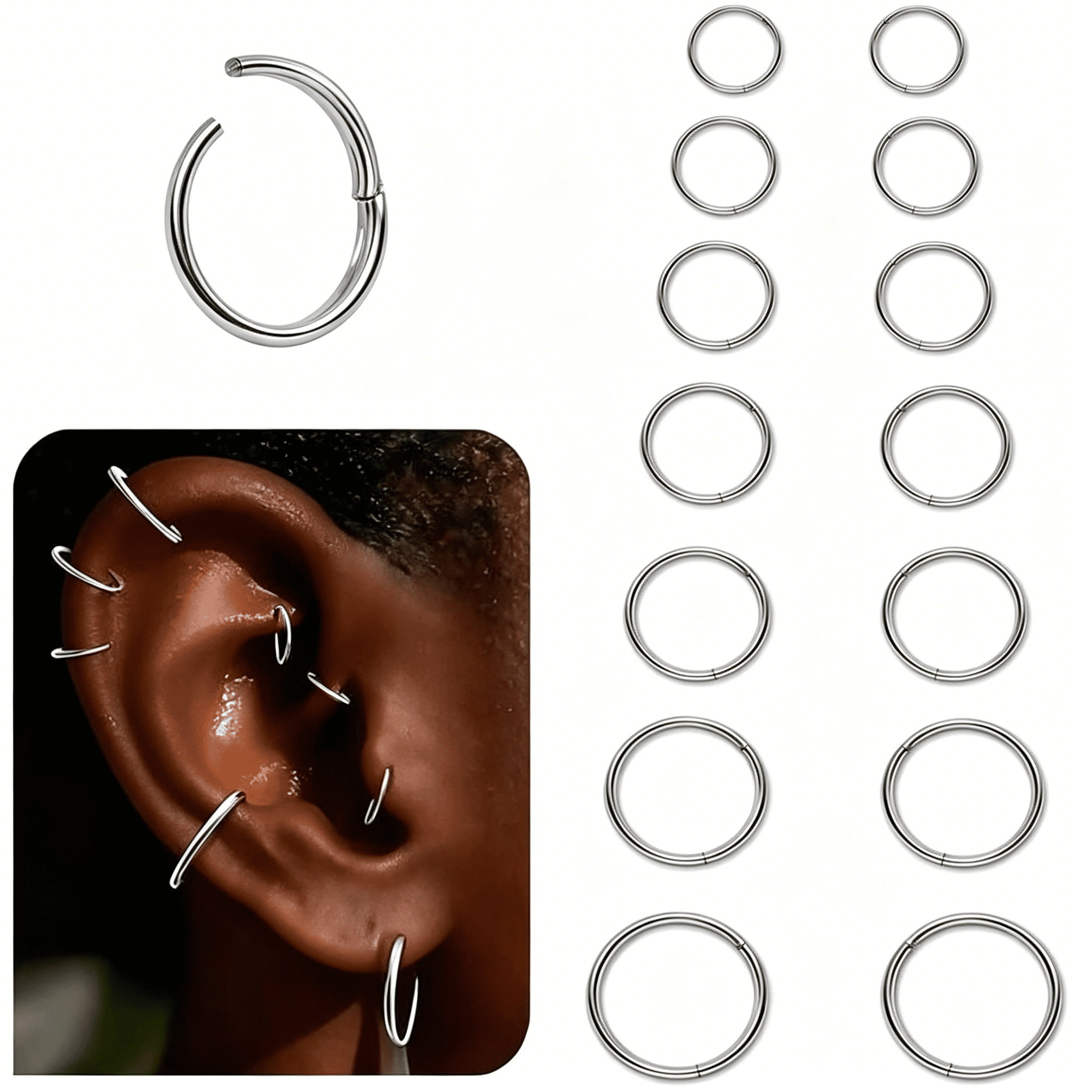 DESIGNICE 14Pcs 6/7/8/9/10/11/12Mm Surgical Steel Hinged Nose Rings ...