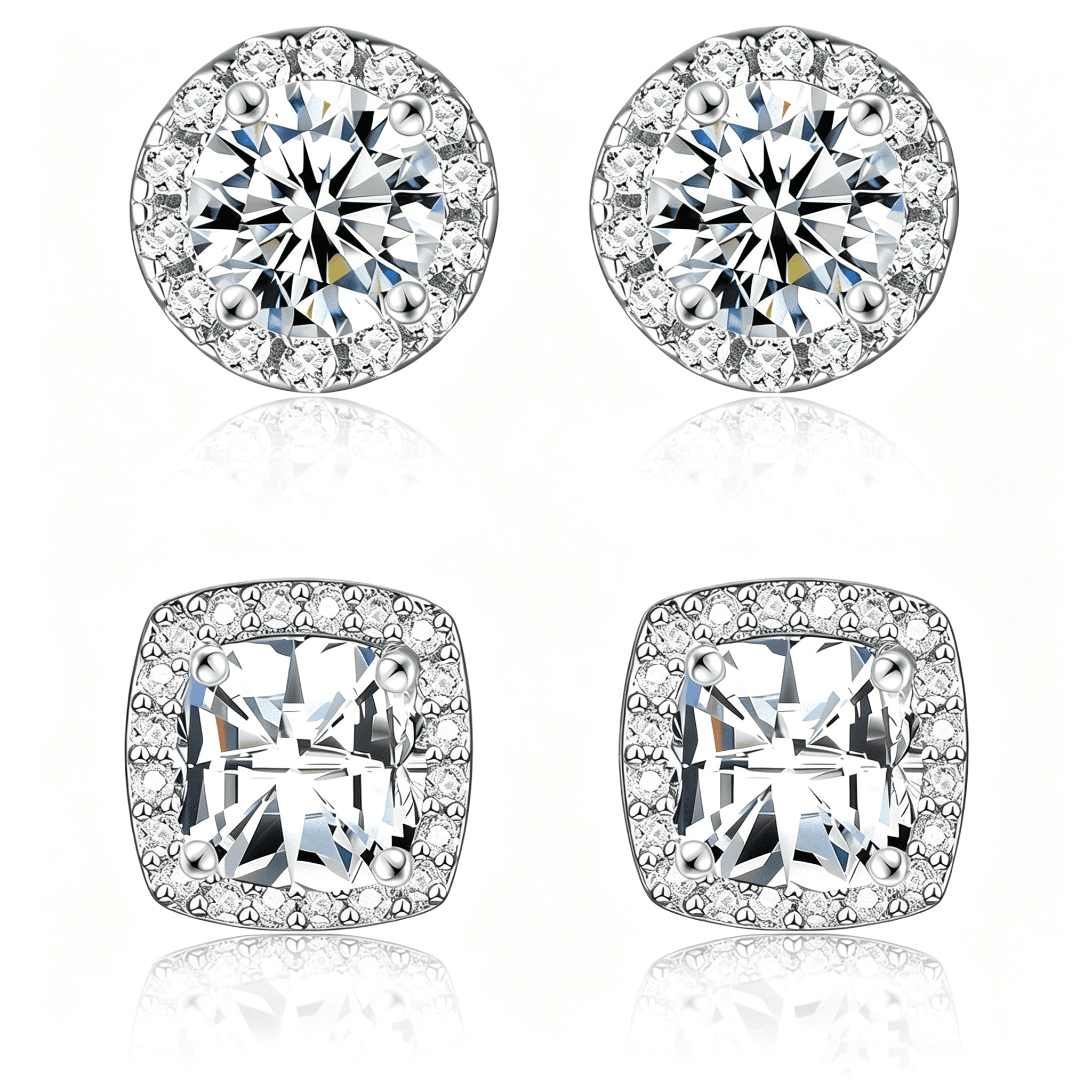 DESIGNICE 18K White Gold Plated Round&Square Cubic Zirconia Halo Stud ...