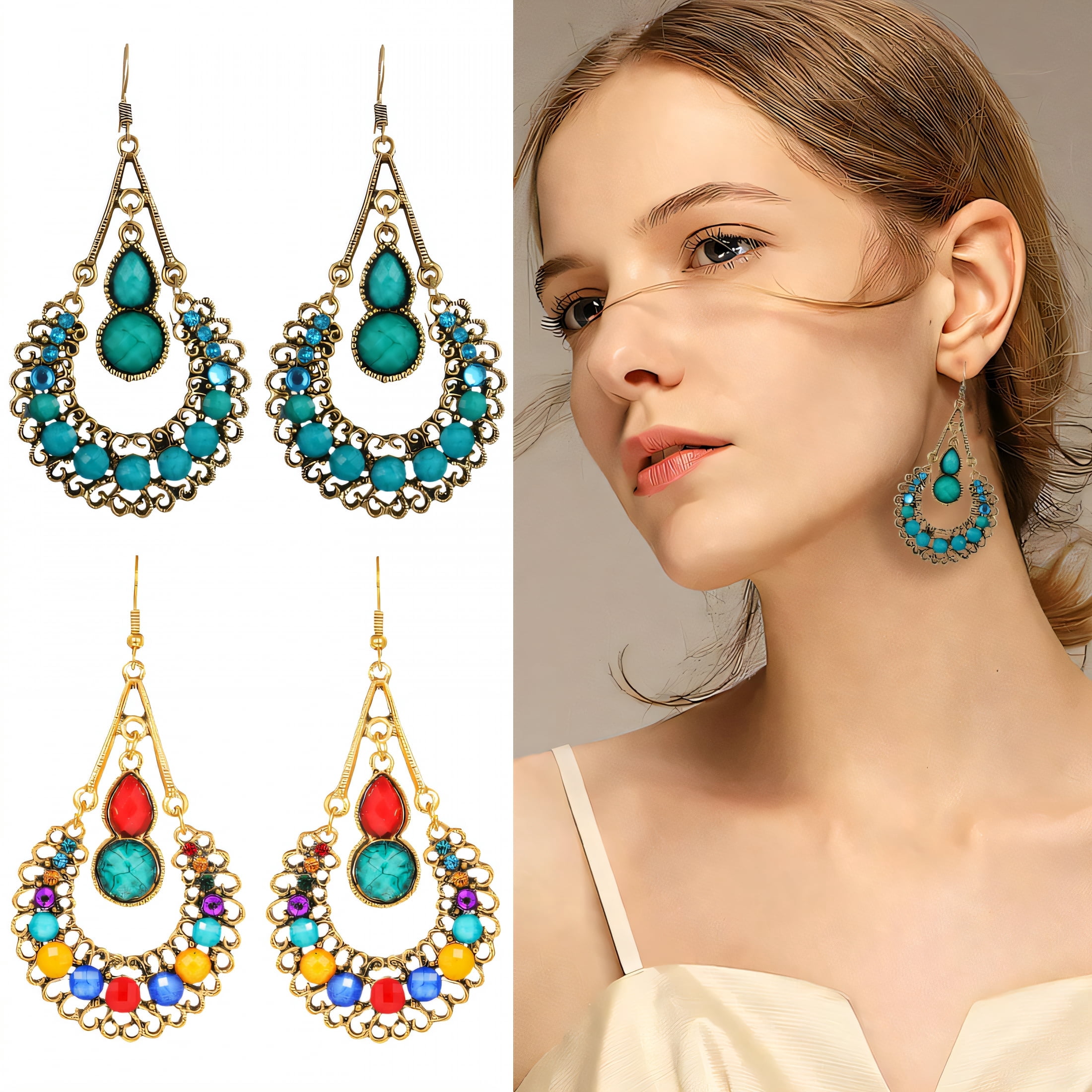 DESIGNICE 2 Pairs Statement Earrings for Women,Metal Plated Hollowed ...