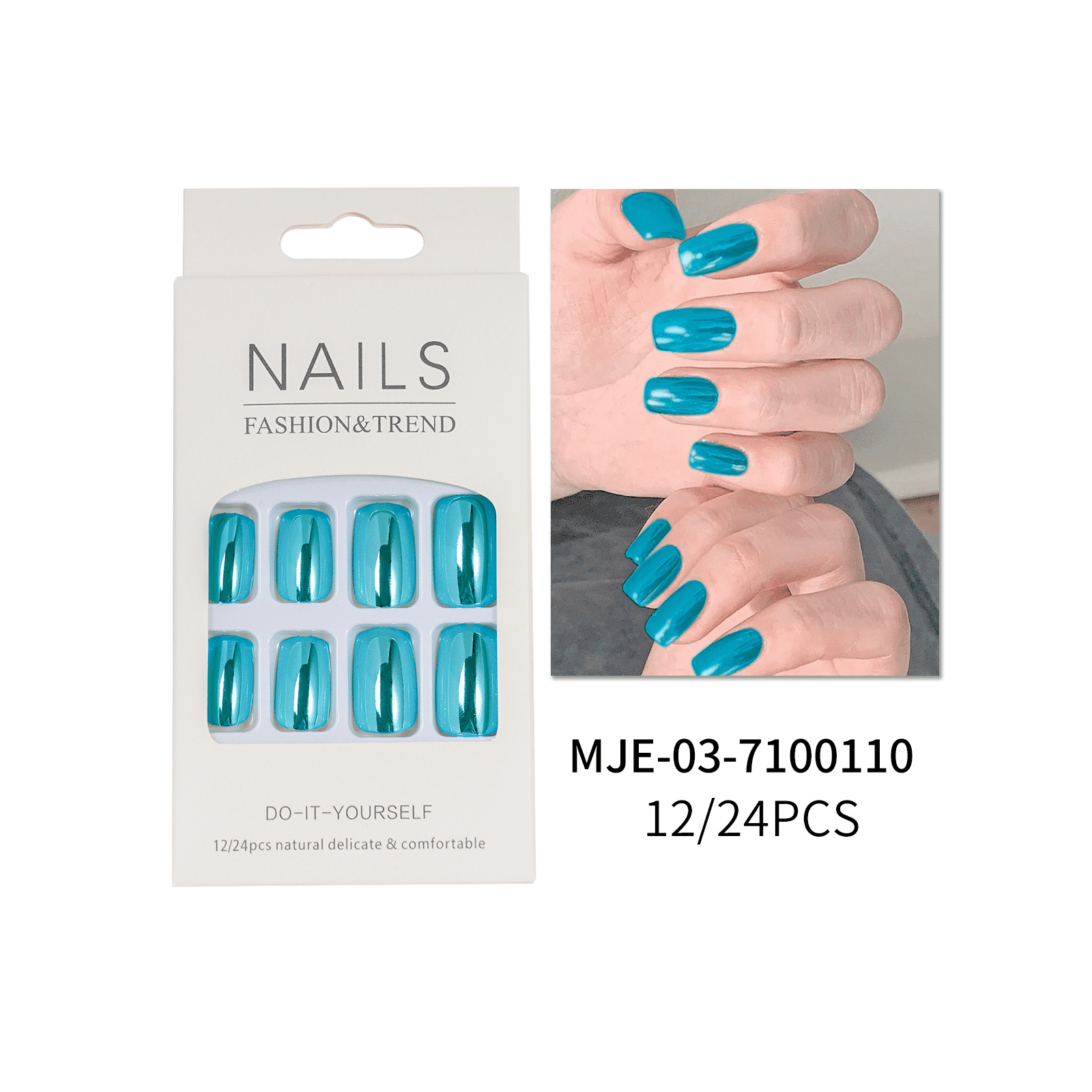 DESIGNICE 24 Pcs Glue on Nails for Women,Sky Lake Blue Mirror Short ...