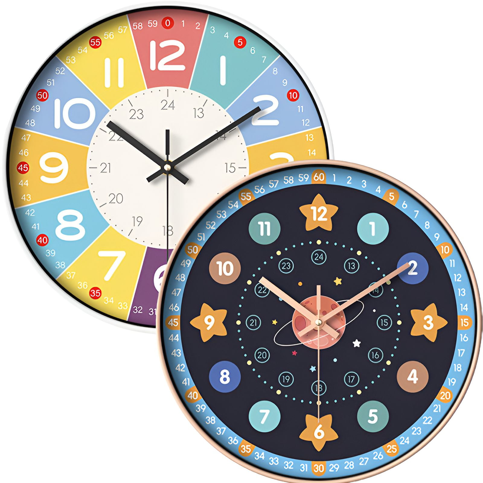 DESIGNICE 2Pcs Wall Clock,Cartoon Design Modern Wall Clock,Fun Learning ...