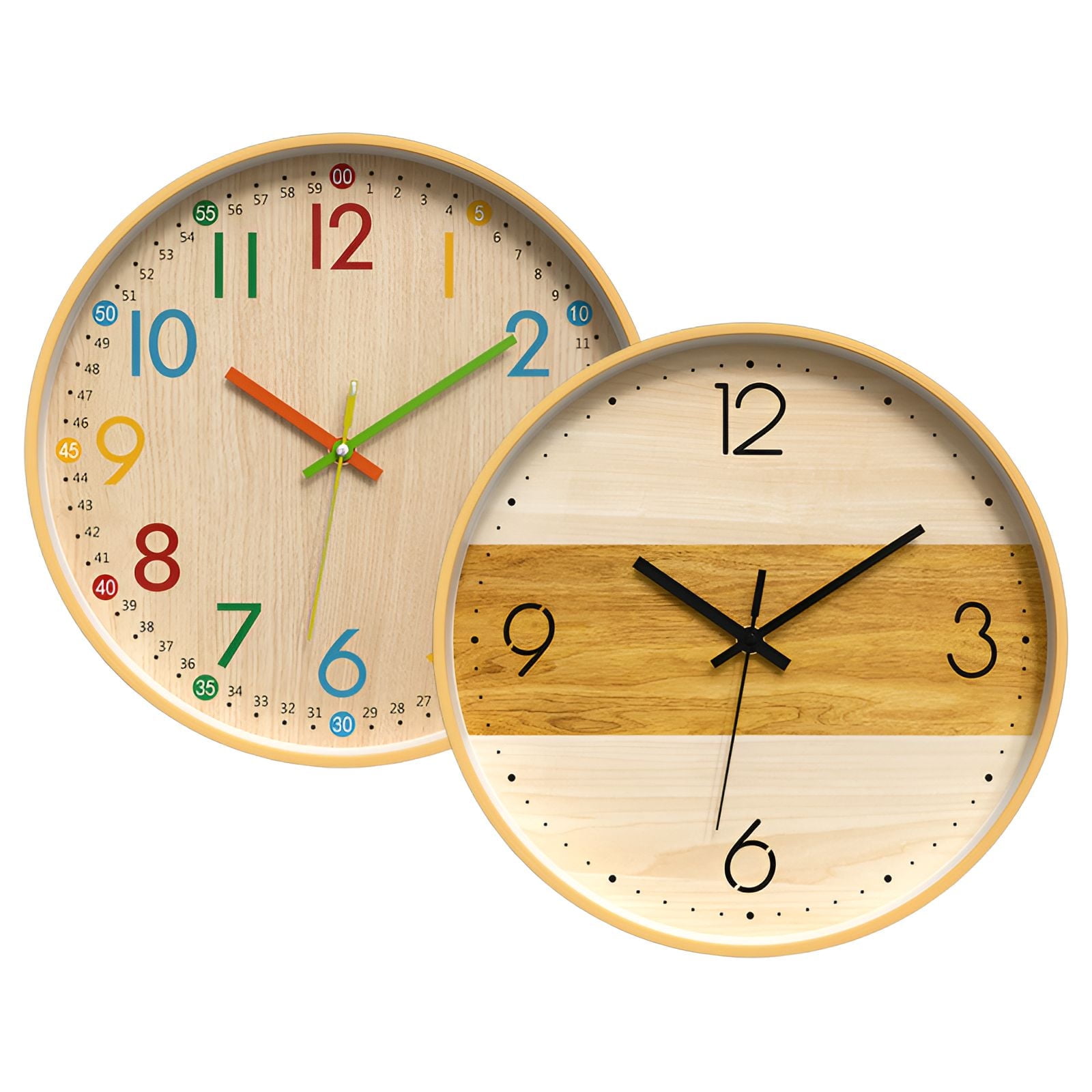 DESIGNICE 2Pcs Wall Clock,Natural Wood Modern Wall Clock,Fun Numbers ...