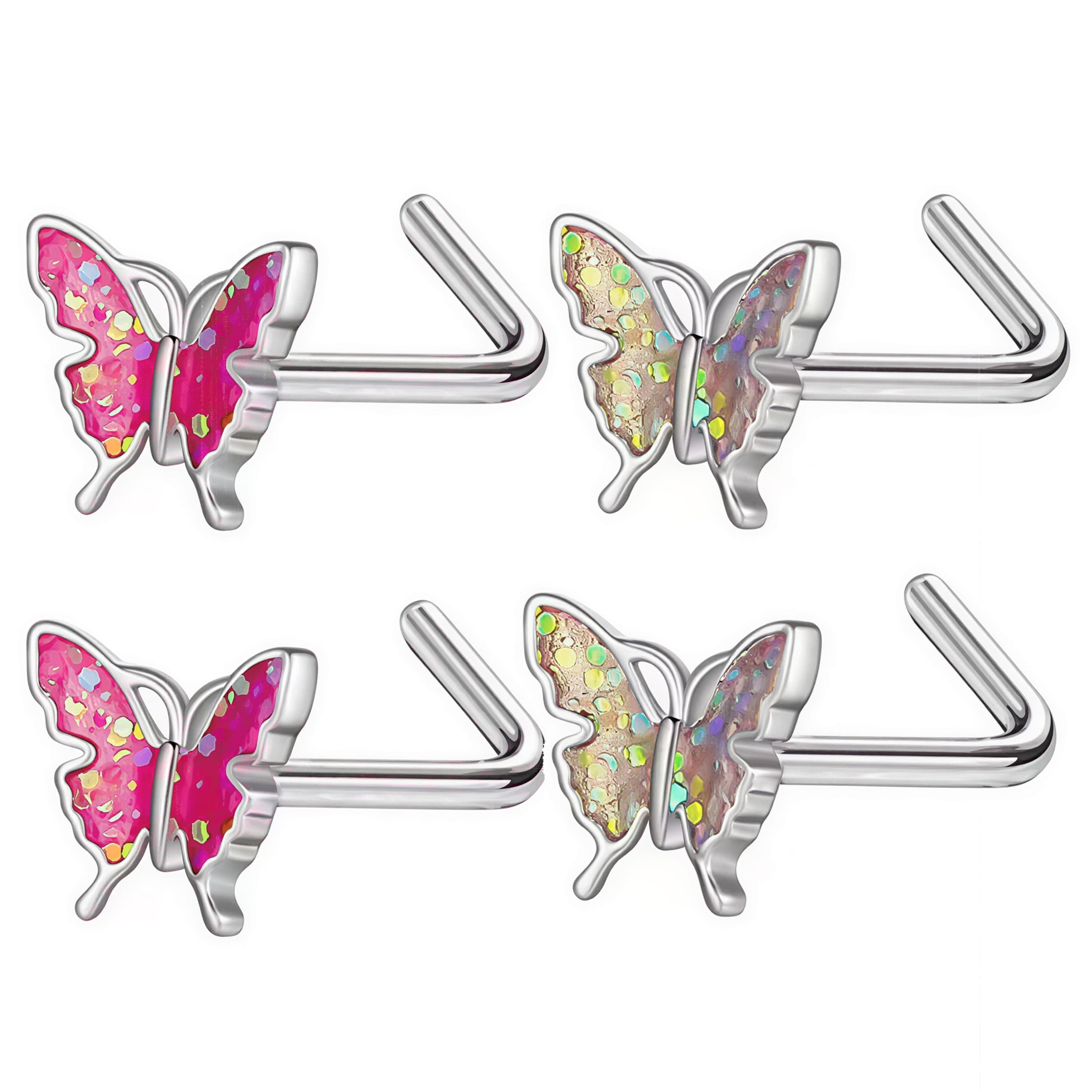 DESIGNICE 4 Pcs Butterfly L-Shape Nose Ring Stud,Copper Cute Nose Rings ...