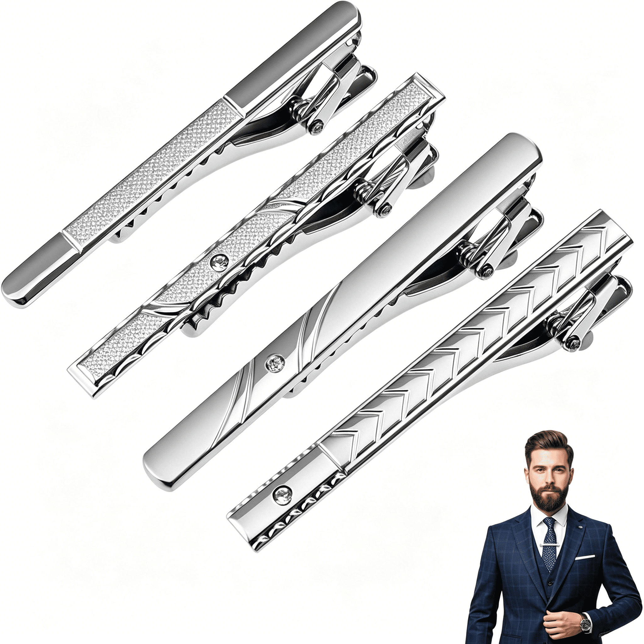 DESIGNICE 4Pcs Silver Tie Clips for Men,Stainless Steel Tie Clip ...