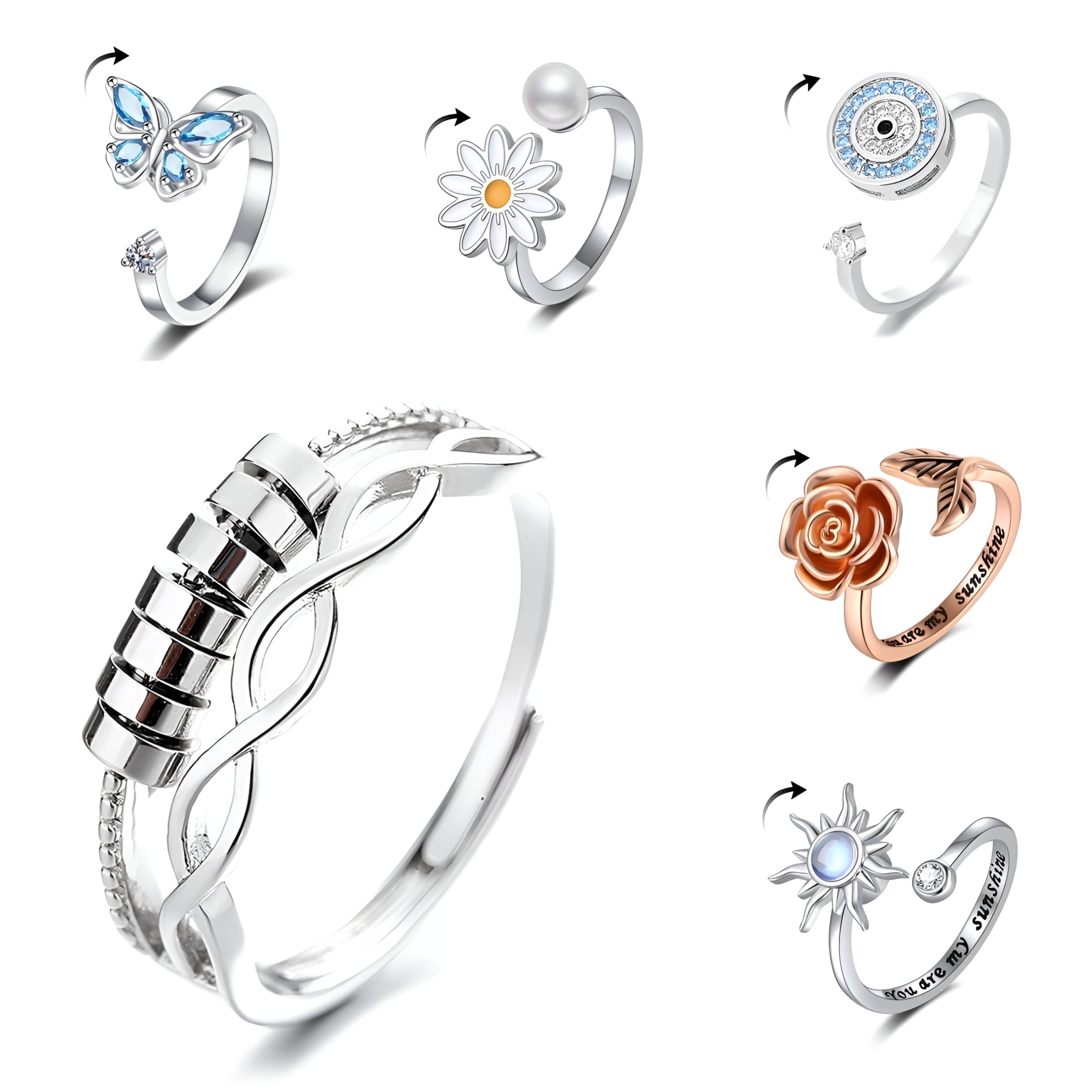 DESIGNICE 2026 New 6-Pack Adjustable Spinner Rings for Women ...