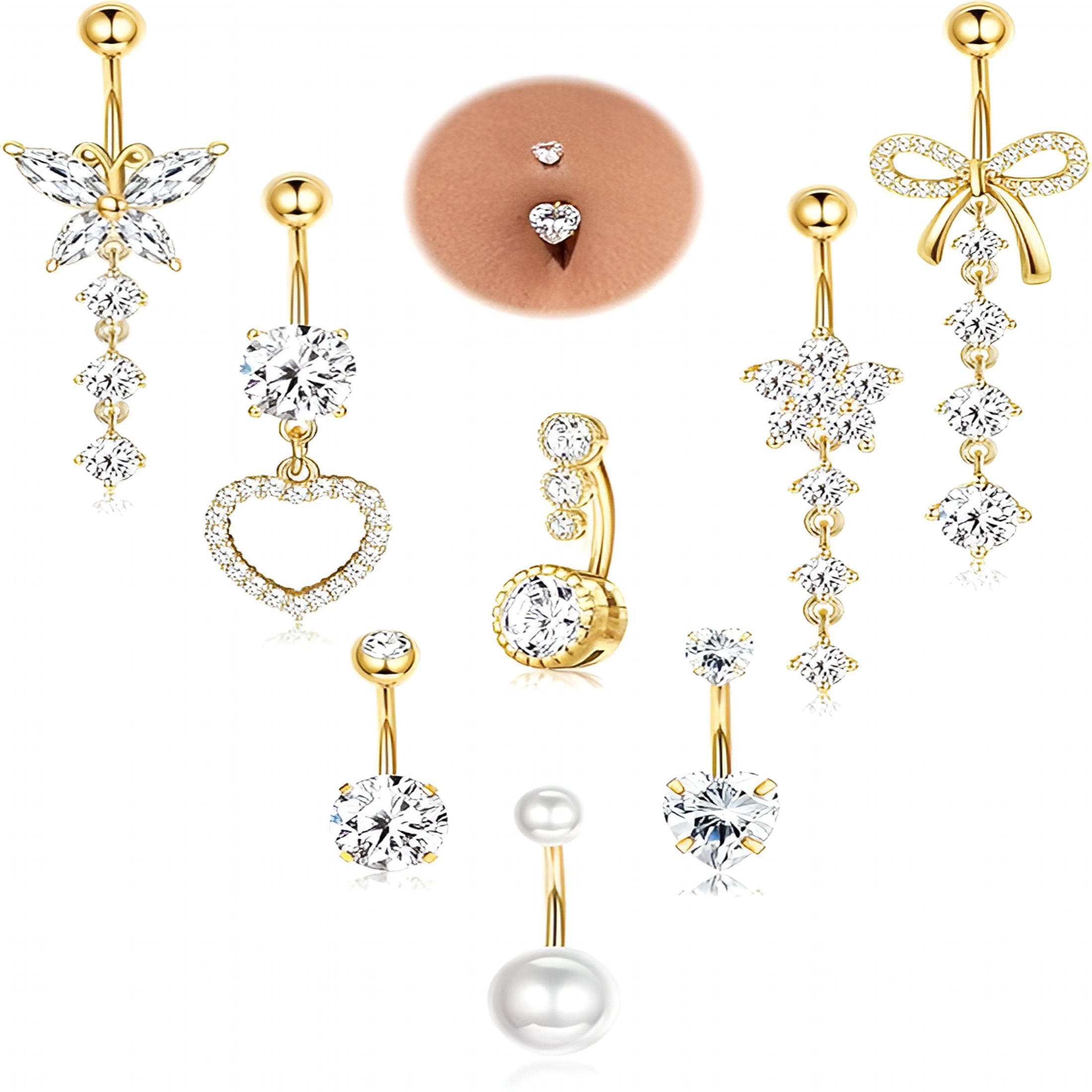 DESIGNICE 8 Pcs Belly Button Ring Dangle Hypoallergenic Surgical ...
