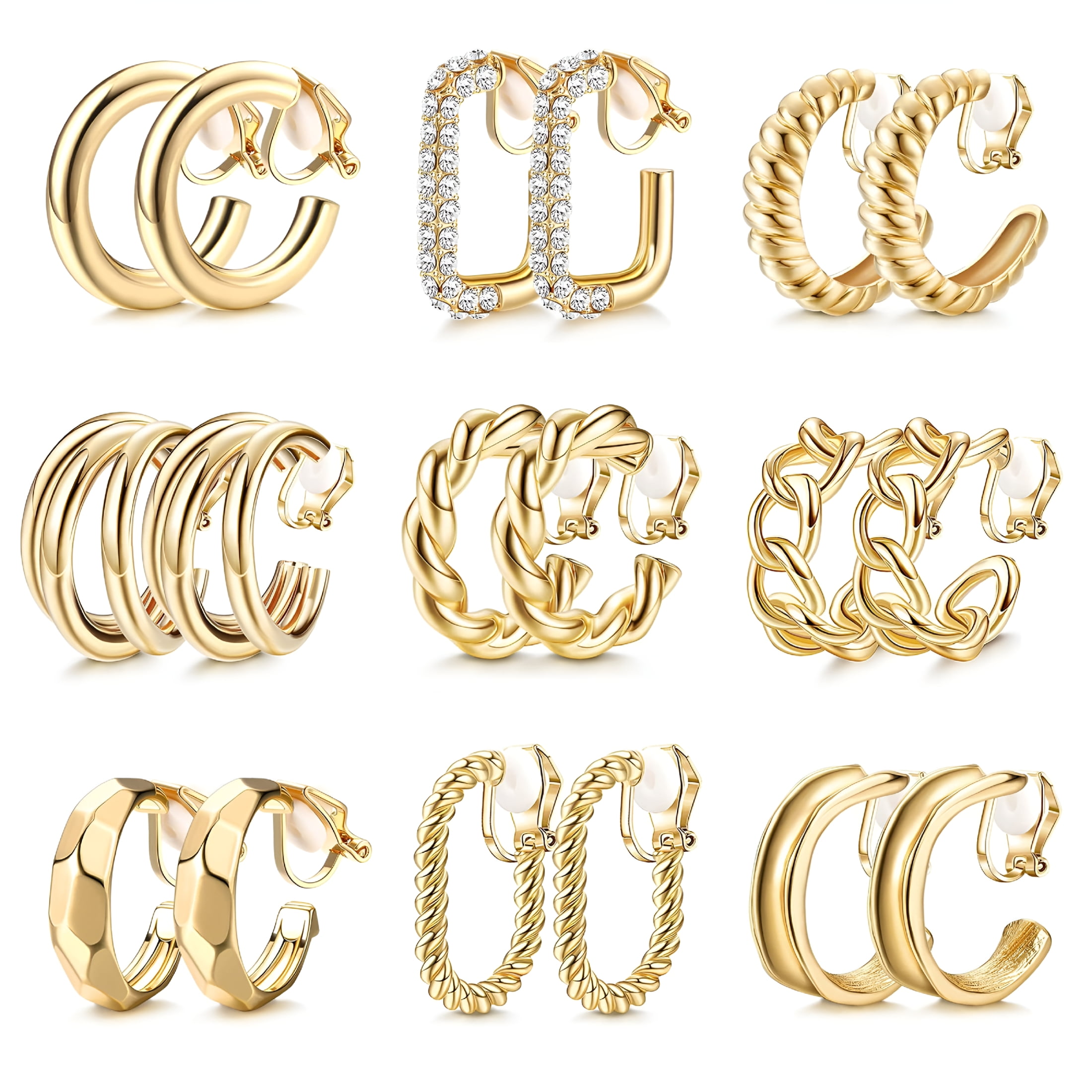 DESIGNICE 9Pairs Eye Catching Gold Plated Clip on Earrings Dumpy Hoop ...