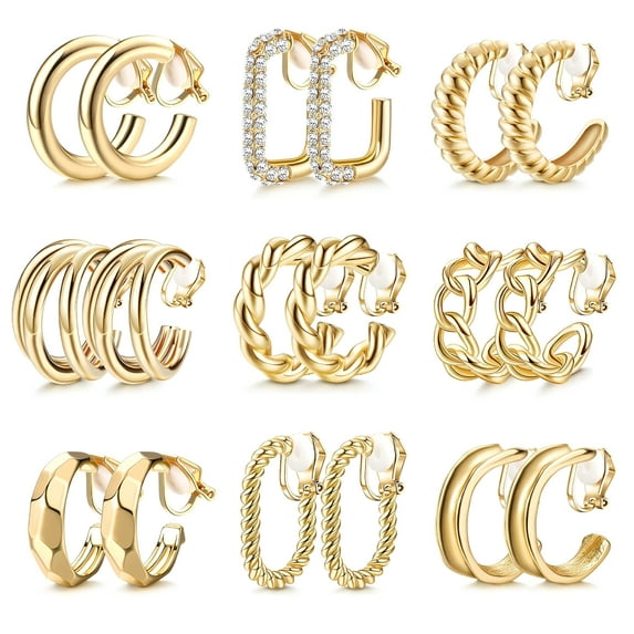 DESIGNICE 9Pairs Eye Catching Gold Plated Clip on Earrings Dumpy Hoop ...