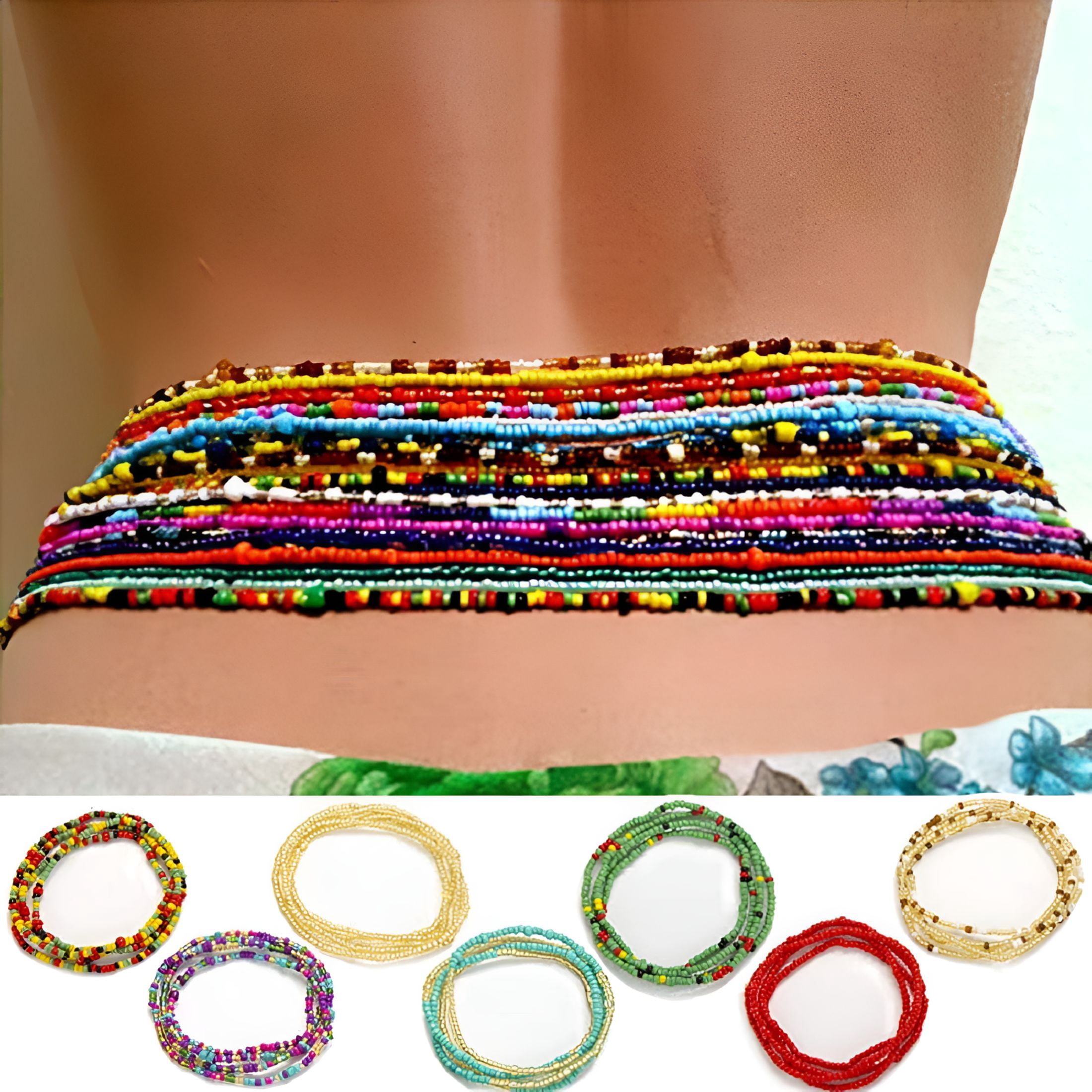 Designice African Waist Beads Chain 7Pack, Layered Belly Body Chain ...