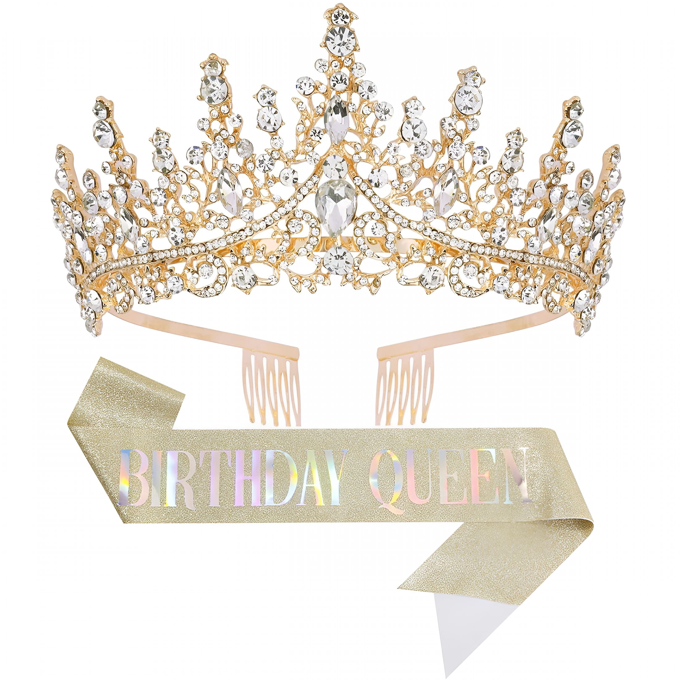 DESIGNICE Birthday Tiara Crown with Sash for Women, Headband Hair ...