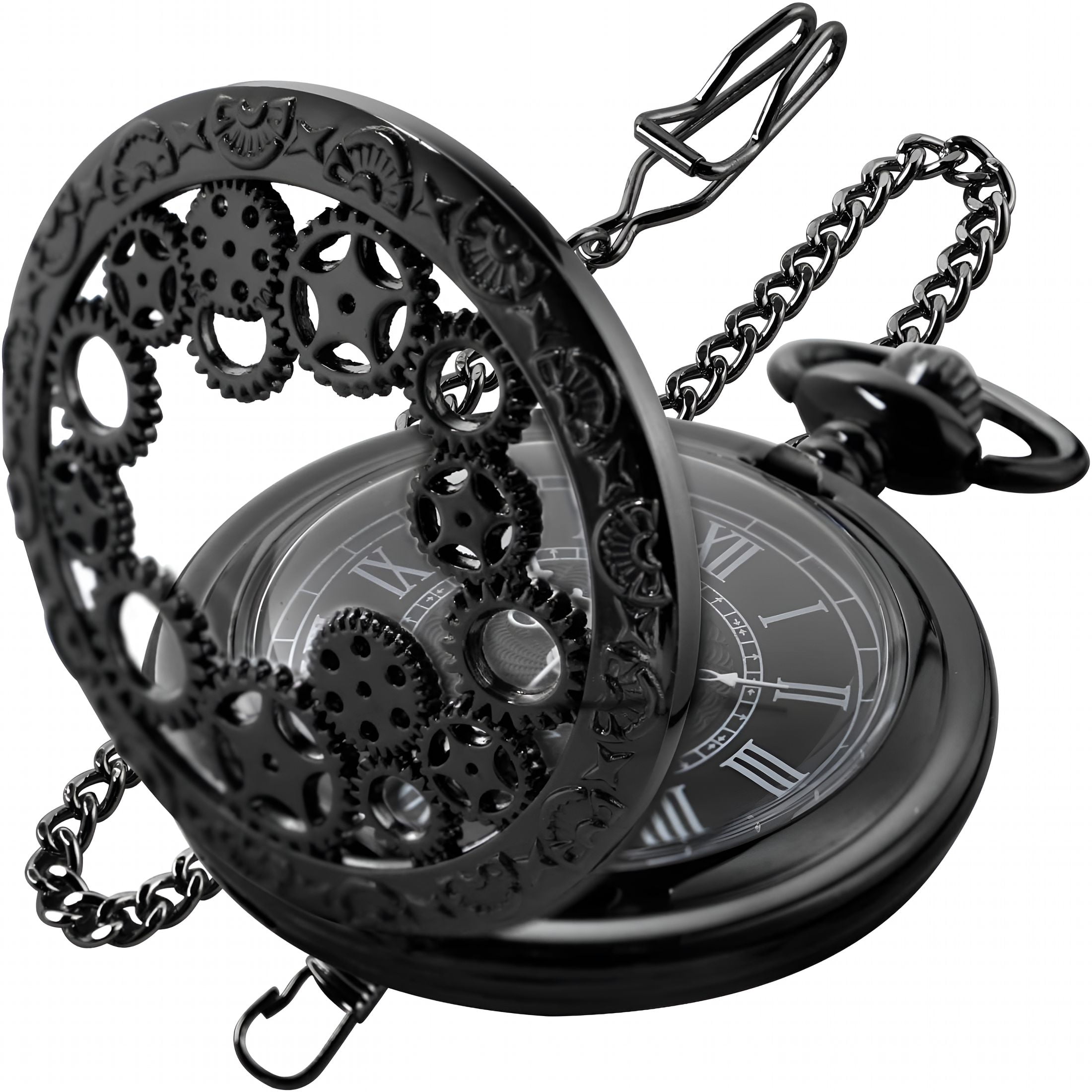 DESIGNICE Black Gear Hollow Pattern Pocket Watch Black Roman Numeral ...