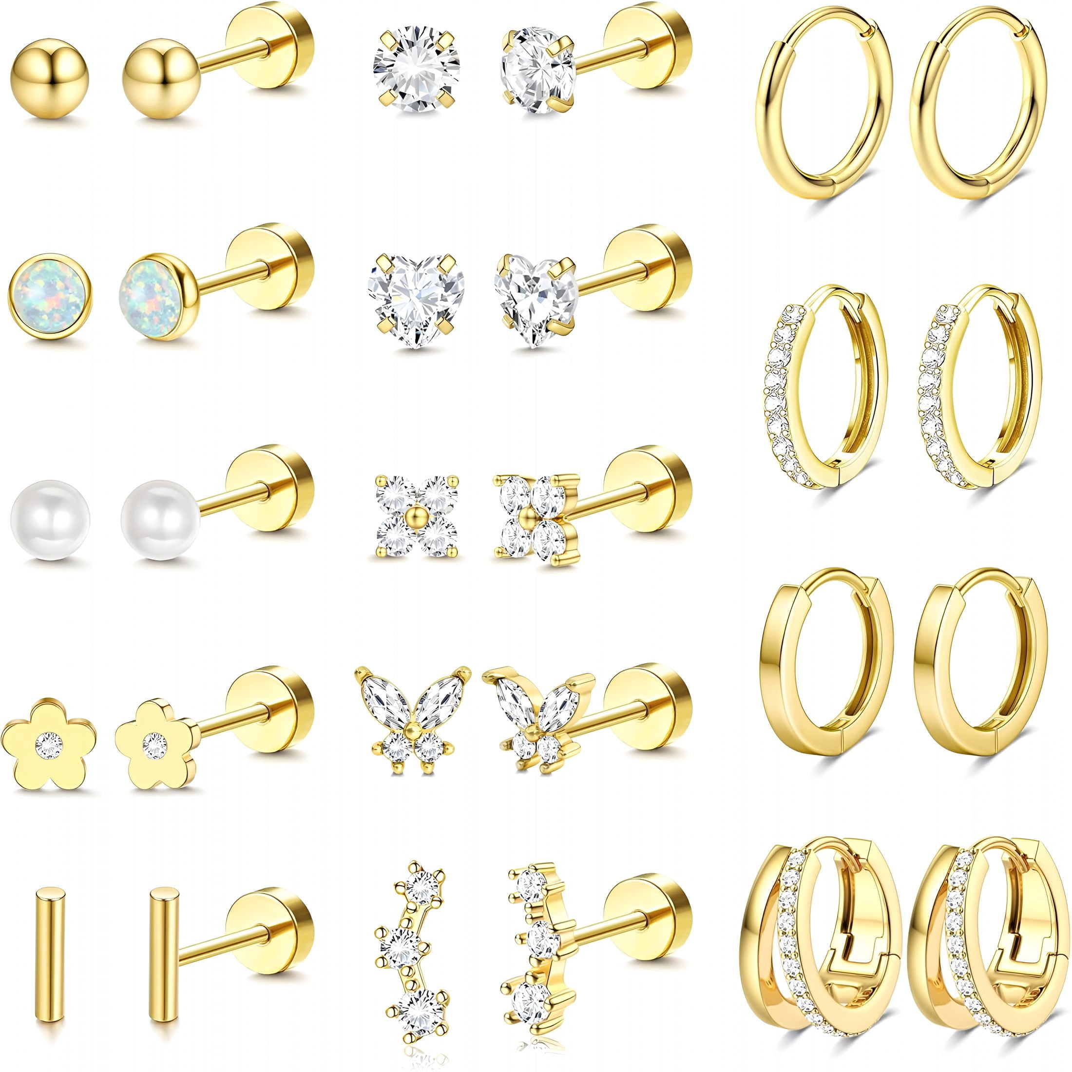 DESIGNICE Hypoallergenic Flat Back Earrings - 14K Gold Plated Cartilage ...