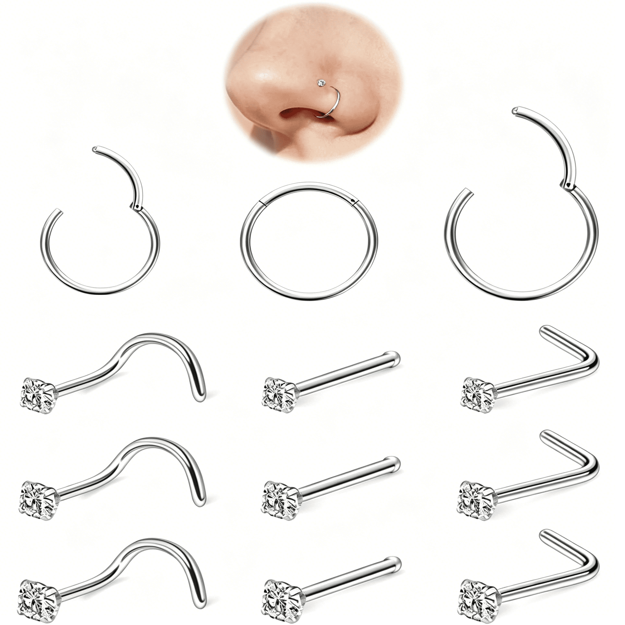 DESIGNICE Nose Rings Surgical Steel Cubic Zirconia Nose Studs Kit for ...