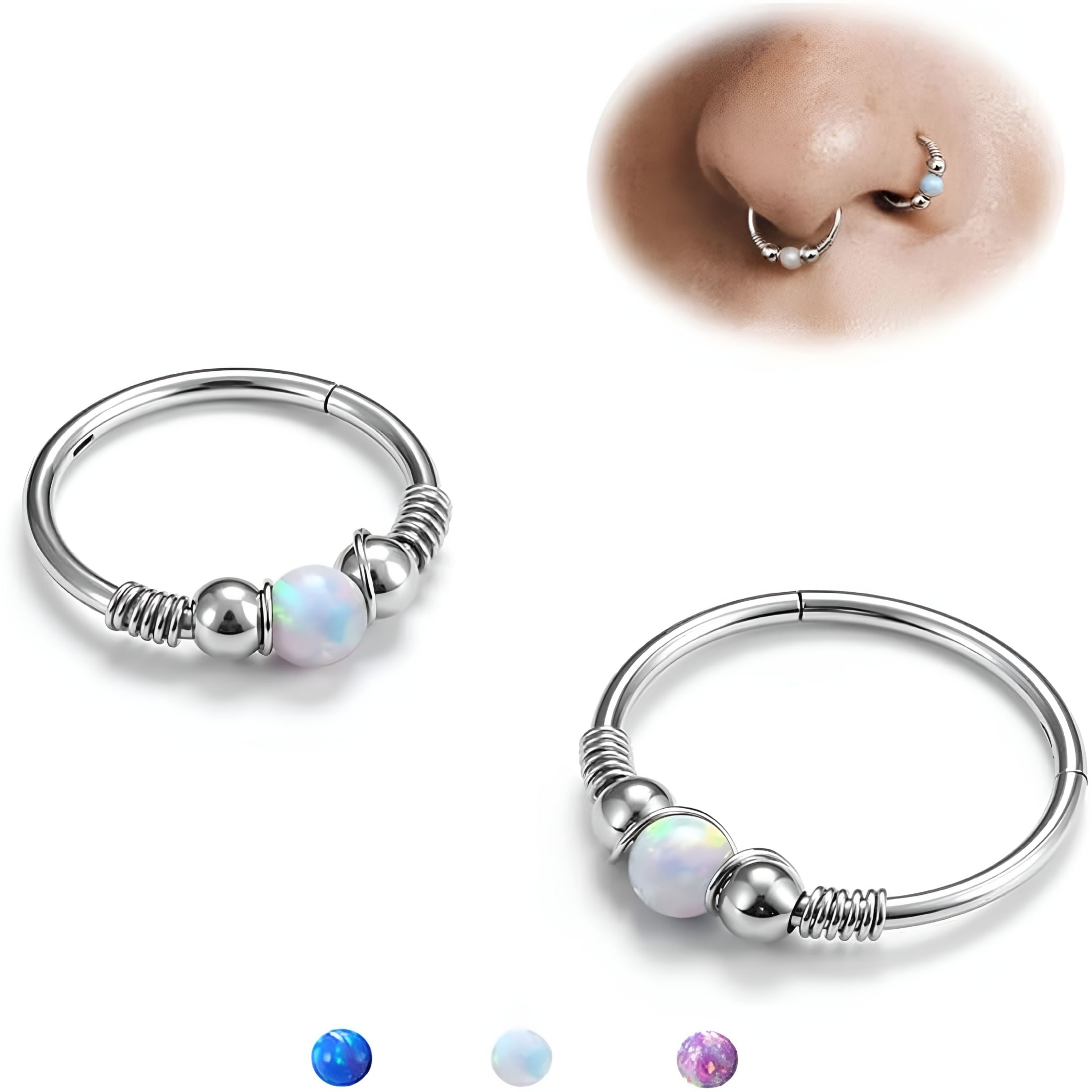DESIGNICE Opal Nose Rings Hoops - 316L Surgical Steel Septum Ring for ...