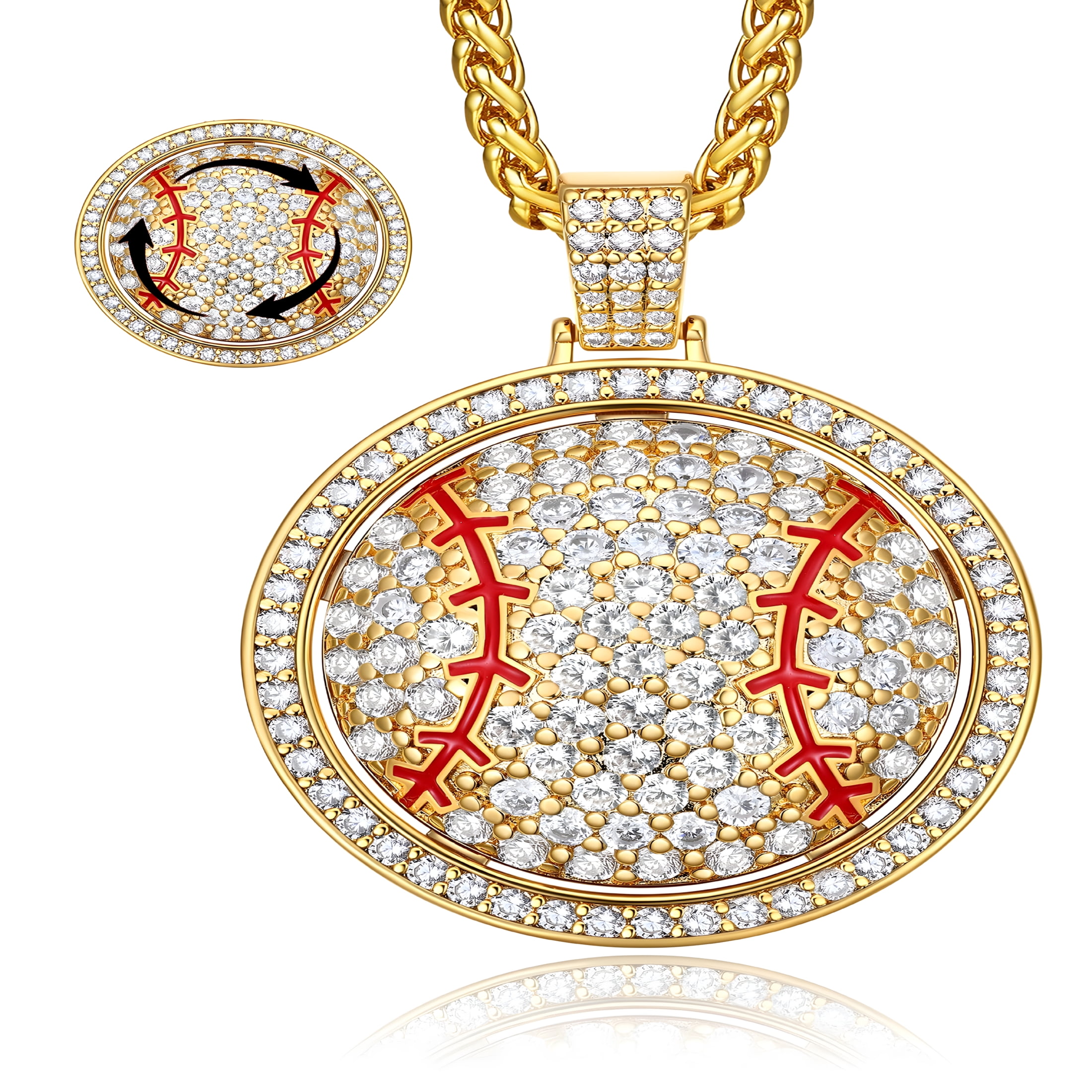 DESIGNICE Rotatable Baseball Pendant Necklace for Men Gold Plated Cz ...
