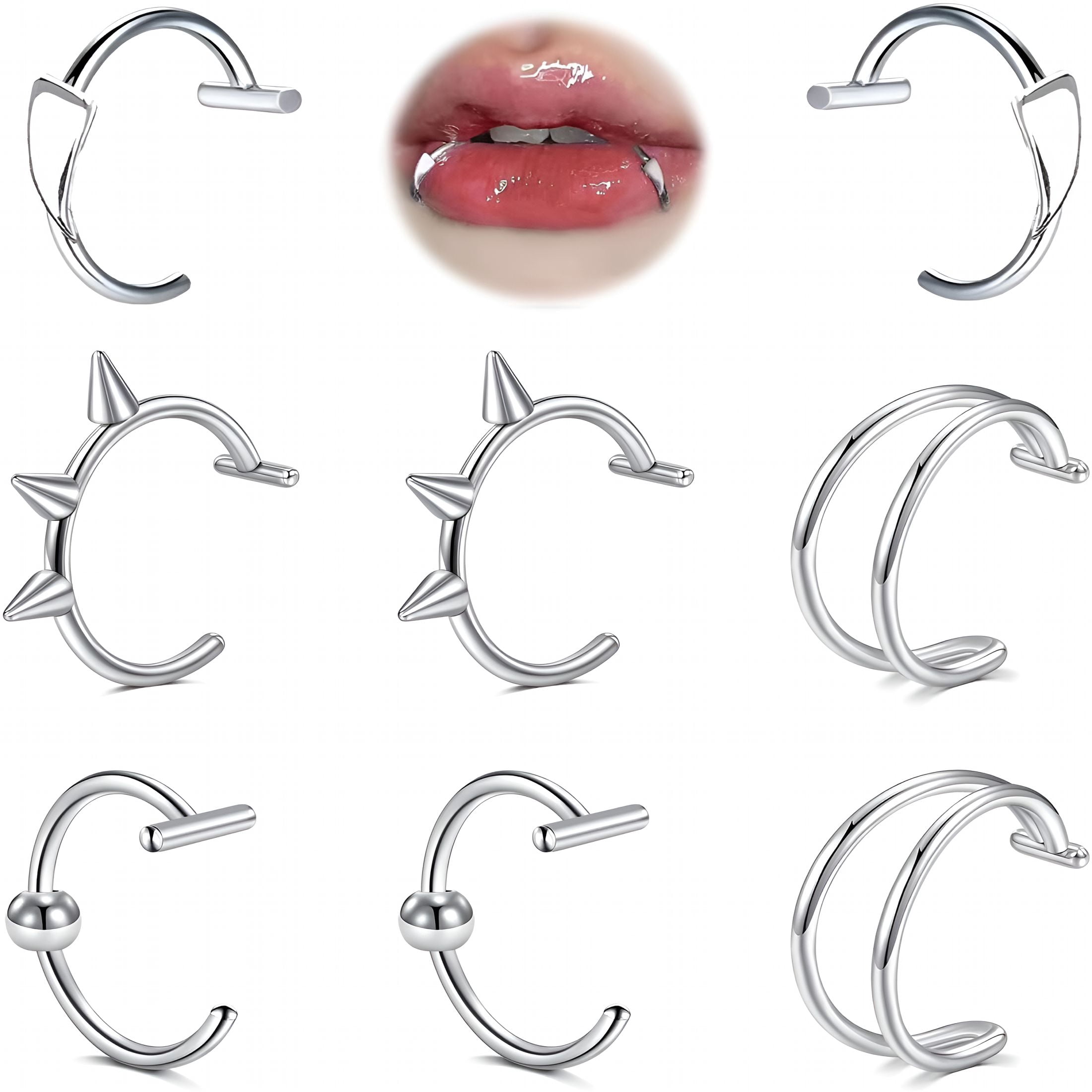 DESIGNICE Silver Black Fake Lip Piercing Fake Lip Ring Cuffs Clip on ...