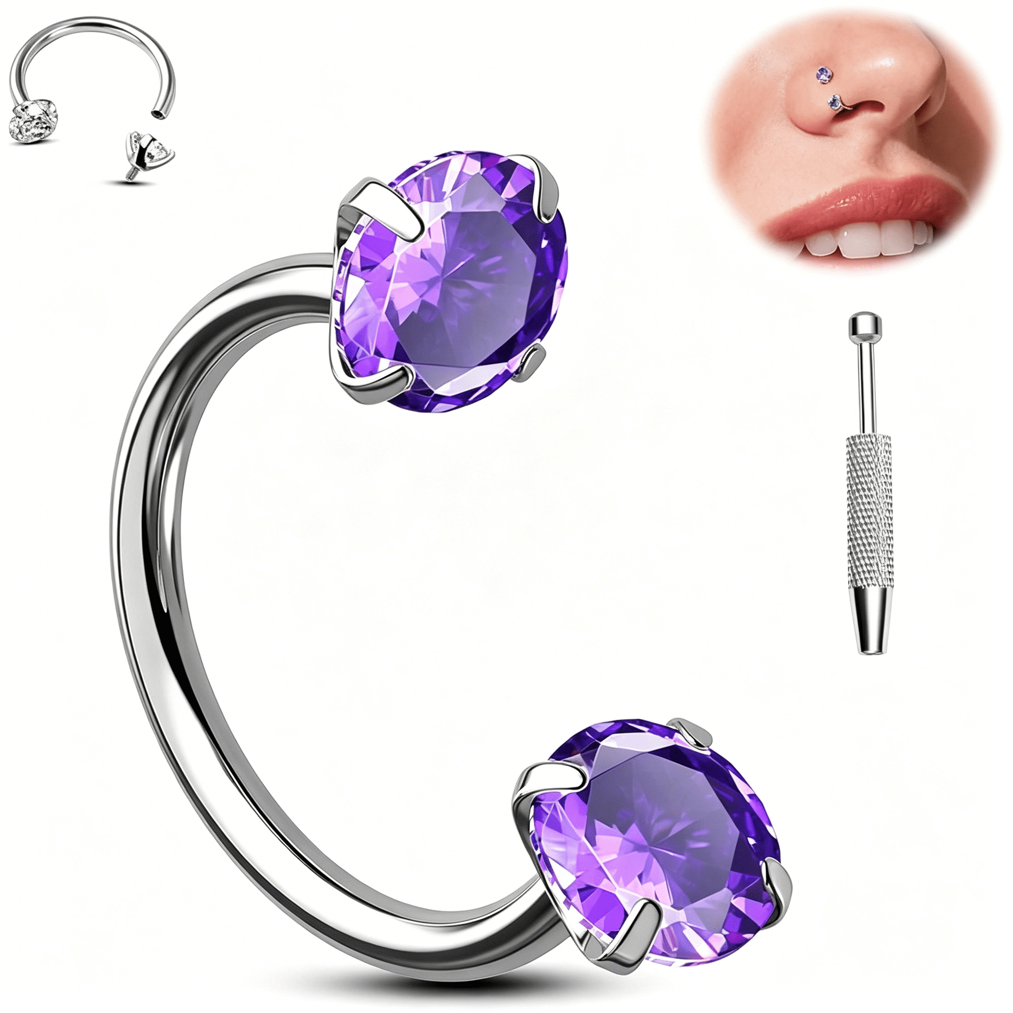 DESIGNICE Titanium Horseshoe Nose Ring 18G Double Gem Nose Ring for ...