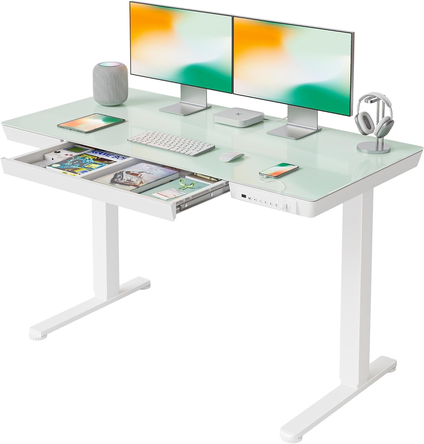 DESINO 48" Electric Standing Desk with Drawers, Whole-Piece Glass ...