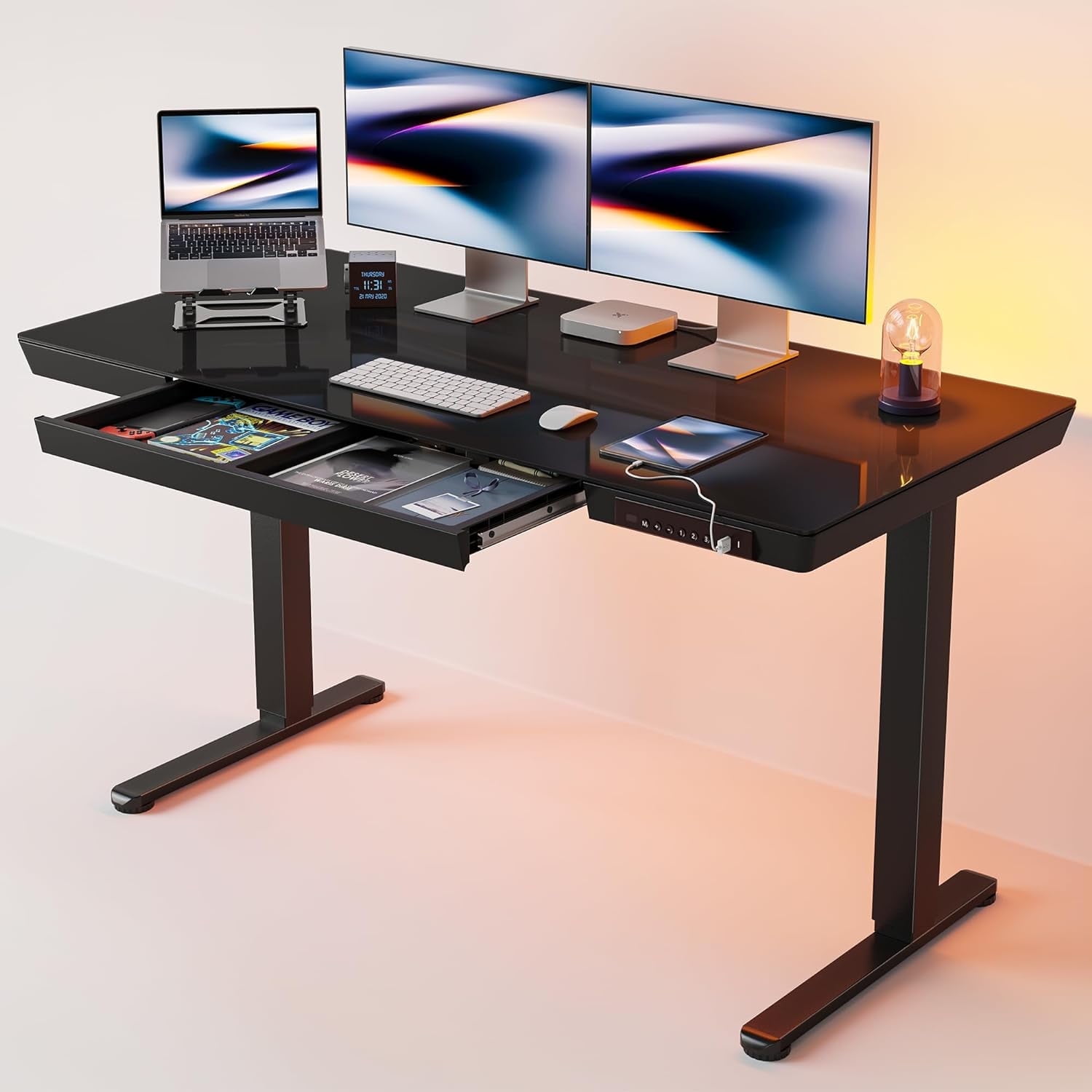 DESINO 55" Electric Standing Desk with Drawers, Whole-Piece Glass ...