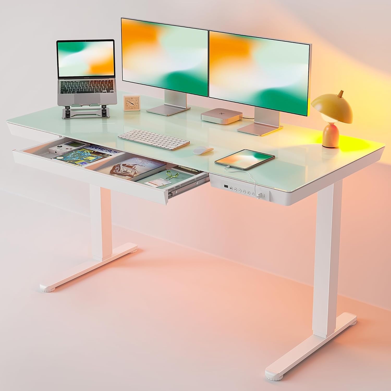 DESINO 55" Electric Standing Desk with Drawers, Whole-Piece Glass ...