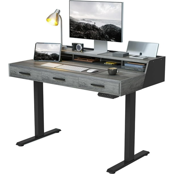 DESINO Electric Standing Desk with 3 Drawers & Monitor Shelves, 48 x 26 ...