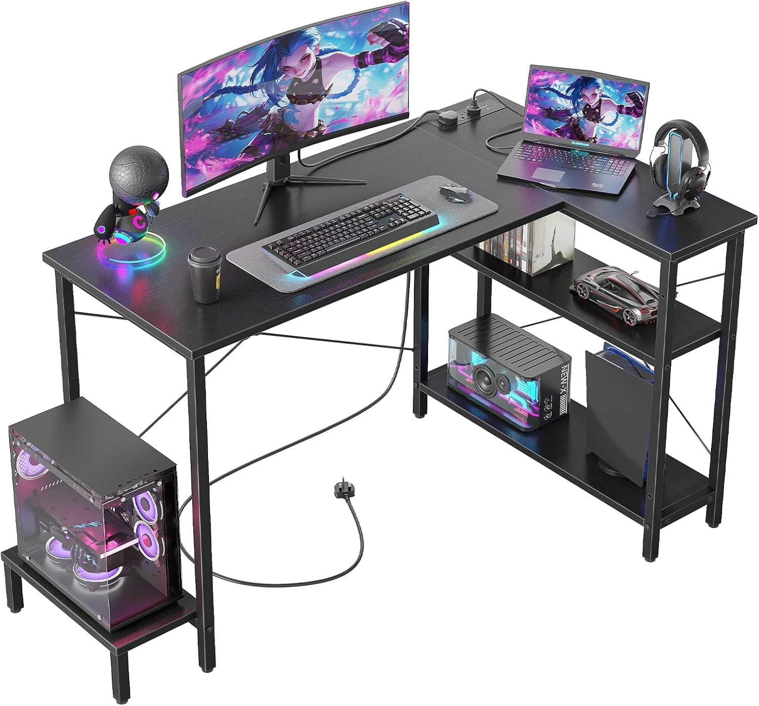 DESINO L Shaped Computer Desk with Charging Station & CPU Stand ...