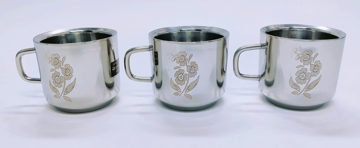 DEV INDUSTRIES Stainless Steel Set of 3 Tea Cup Silver Mirror Finish Flower DesignUnbreakable ...