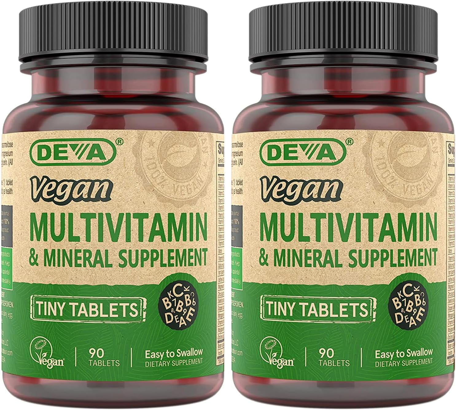 Deva Vegan Multivitamins, Tiny Tablets with Iron, Vitamin B12, C, E, Zinc, 90 Tablets, Pack of 2 ...