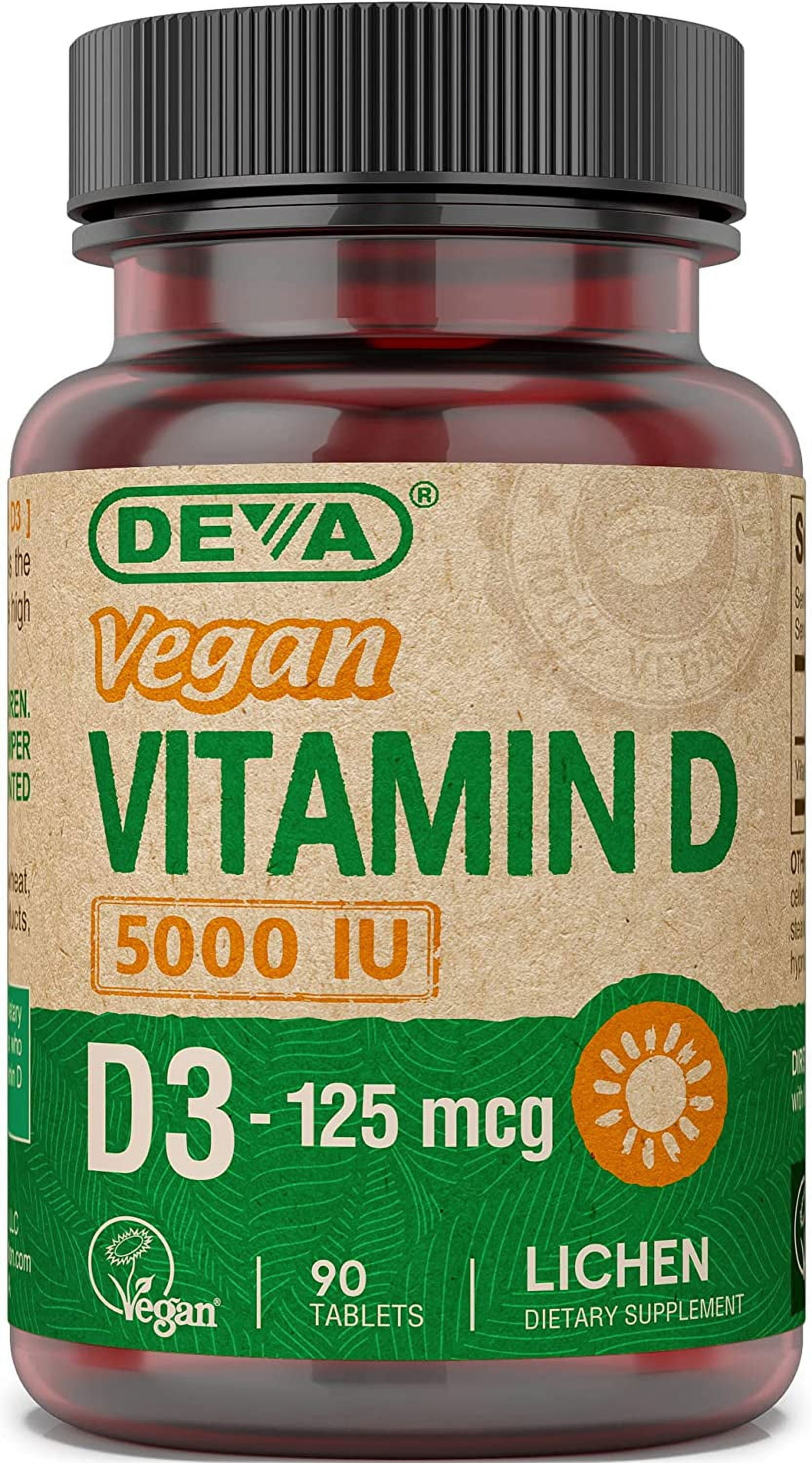 DEVA Vegan Vitamin D3 5000 IU, 125 mcg, Plant-Derived, Lichen Source ...