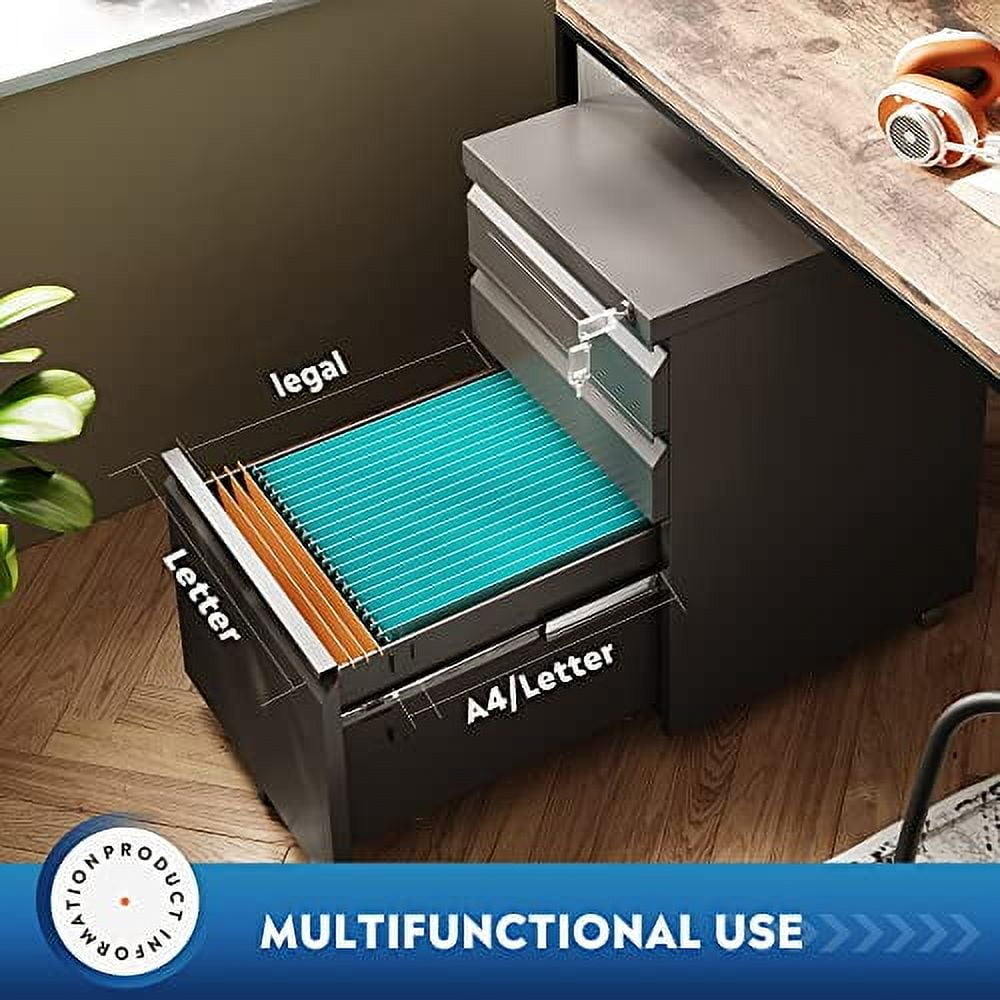 DEVAISE 3 Drawer Mobile File Cabinet with Lock, Under Desk Metal Filing ...
