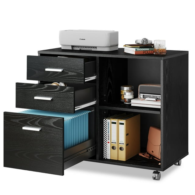 DEVAISE Wood File Cabinet, 3 Drawer Rolling Furniture with Open Shelves ...