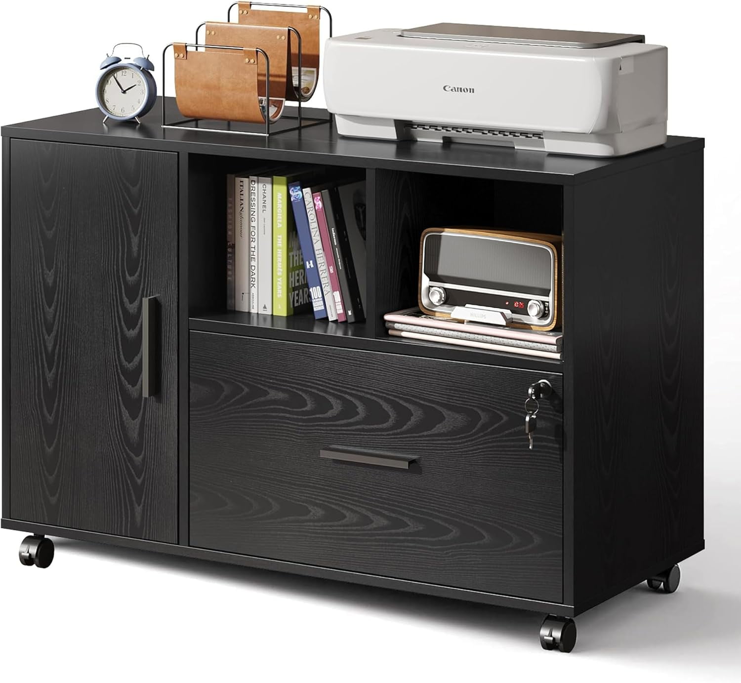 DEVAISE Office File Cabinet with Lock 1 Drawer Wood Lateral Filing Cabinet on Wheels Printer Stand with Open Storage Shelves for Home Office Black Walmart