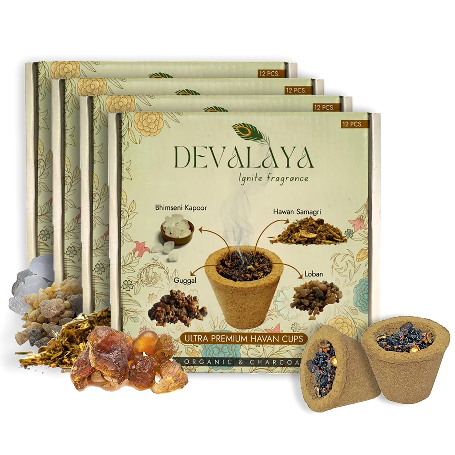 DEVALAYA Havan Cups for Pooja Pack of 12 Cups 100 Organic CharcoalFree Infused with Orignal ...