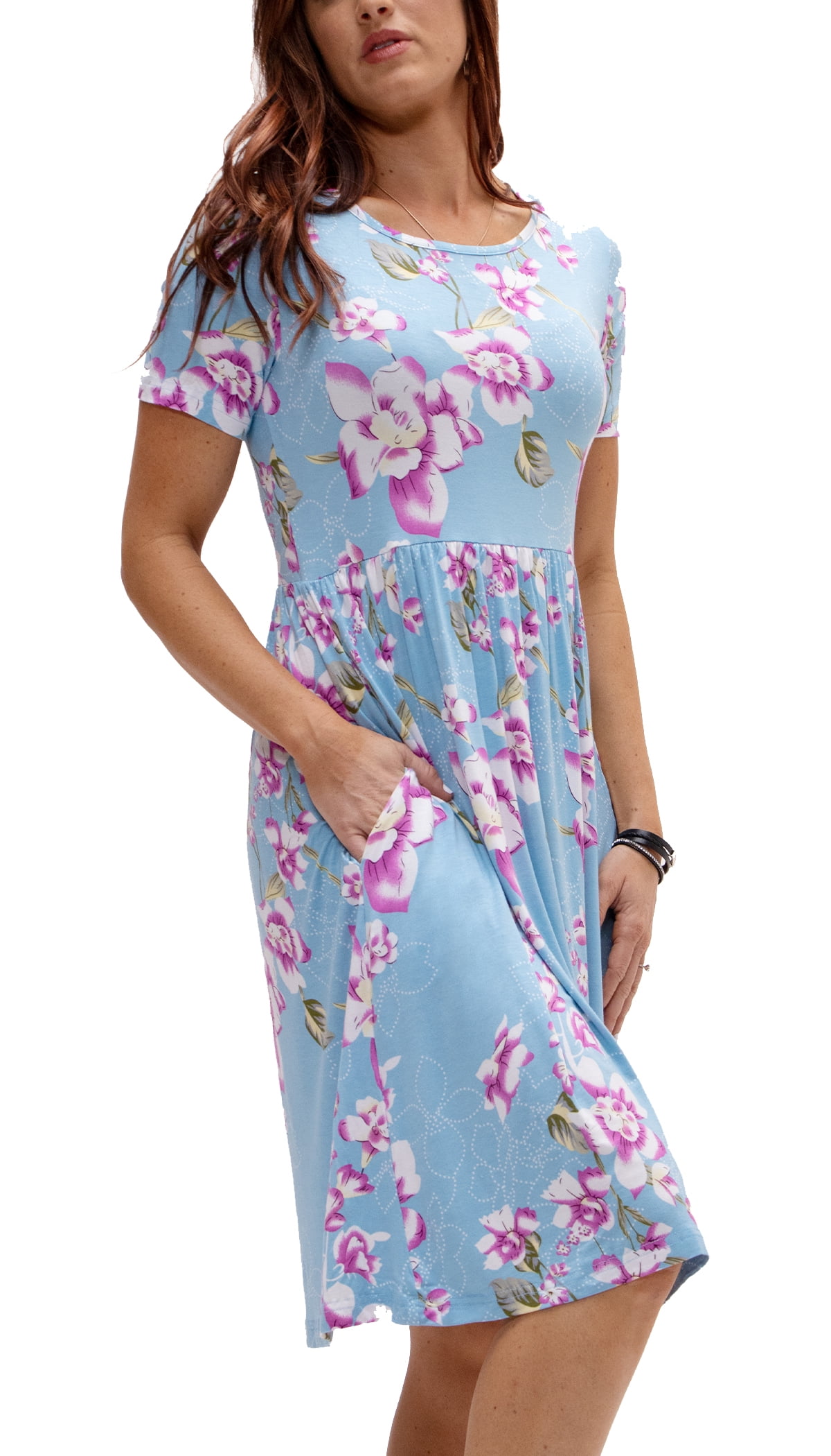 DEVOPS Women's Casual Short Sleeve Daily T-Shirt Mini Top Dress with Pockets (Medium, Flower ...