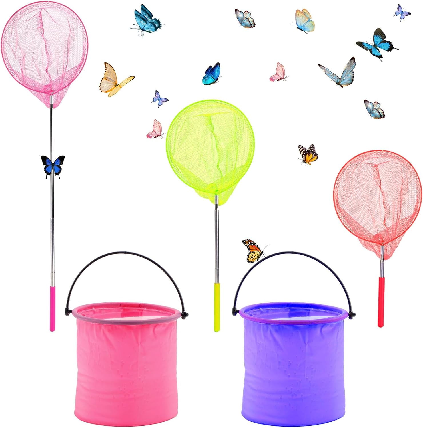 DEWEL 3 Pack Colored Telescopic Butterfly Nets for Kids Bug Insect ...