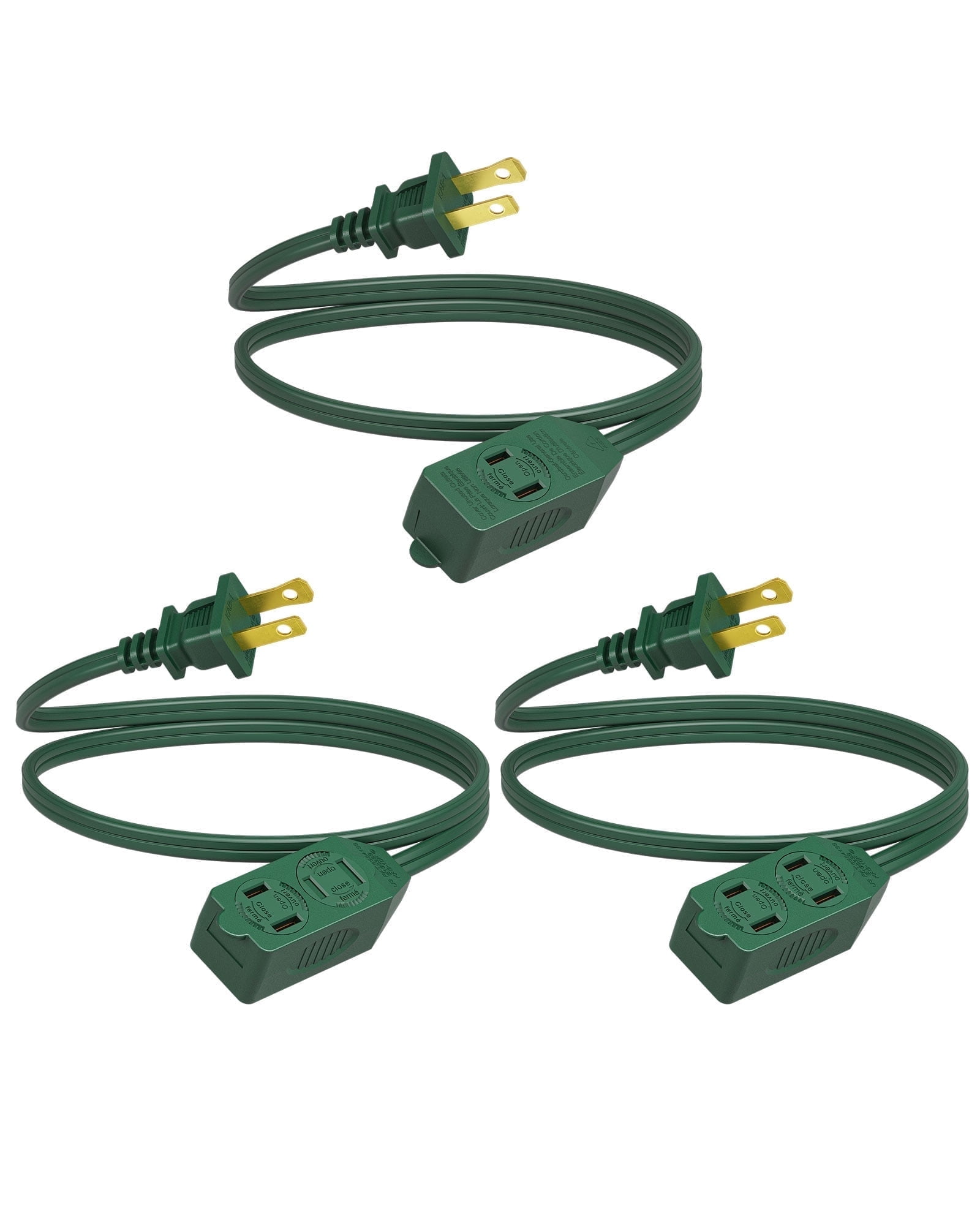 DEWENWILS 3 Ft 3-Outlet 2 Prong Extension Cord, Green, 3-Pack, Indoor ...