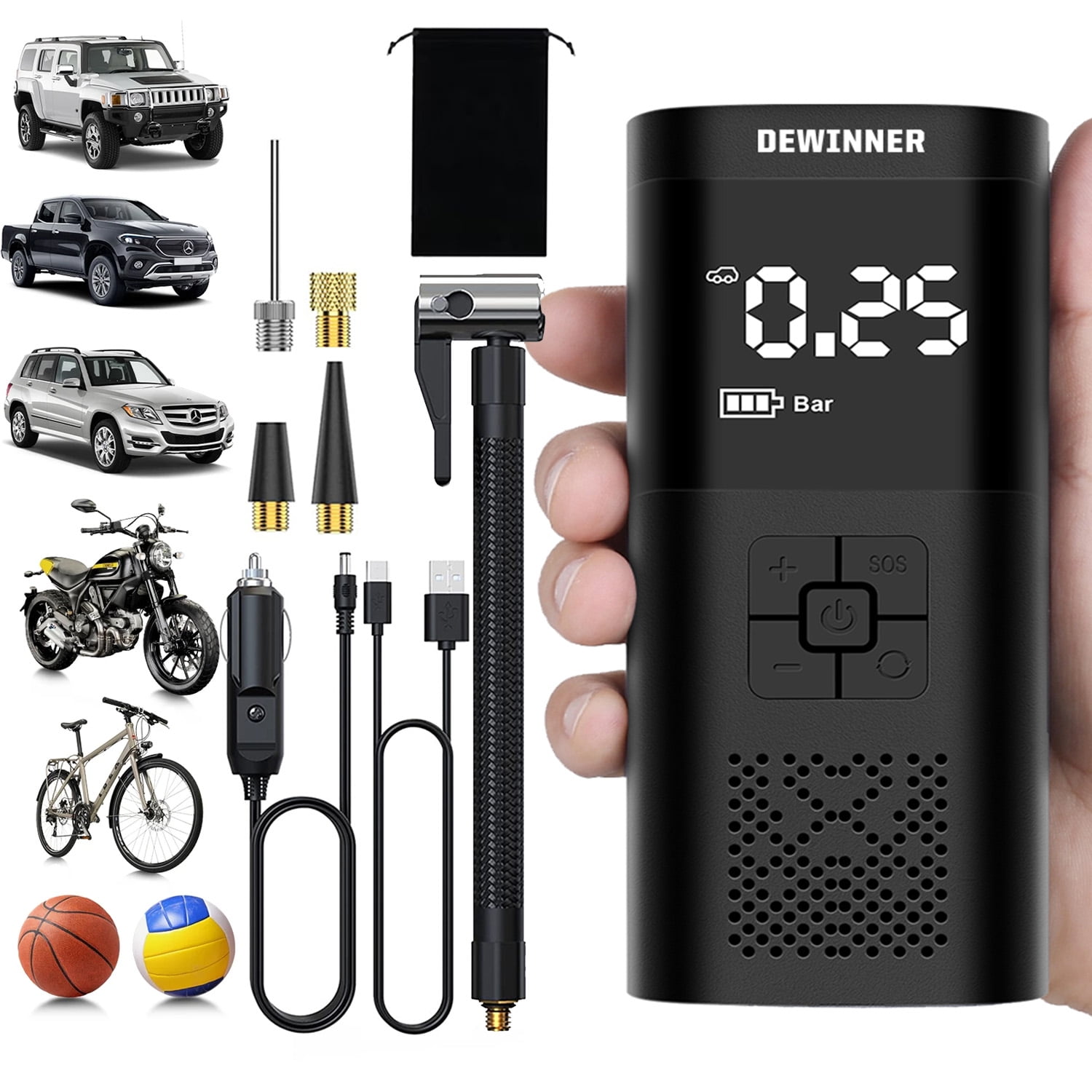 DEWINNER Portable Tire Inflator with 150 PSI, 6000mAh Battery, LCD ...