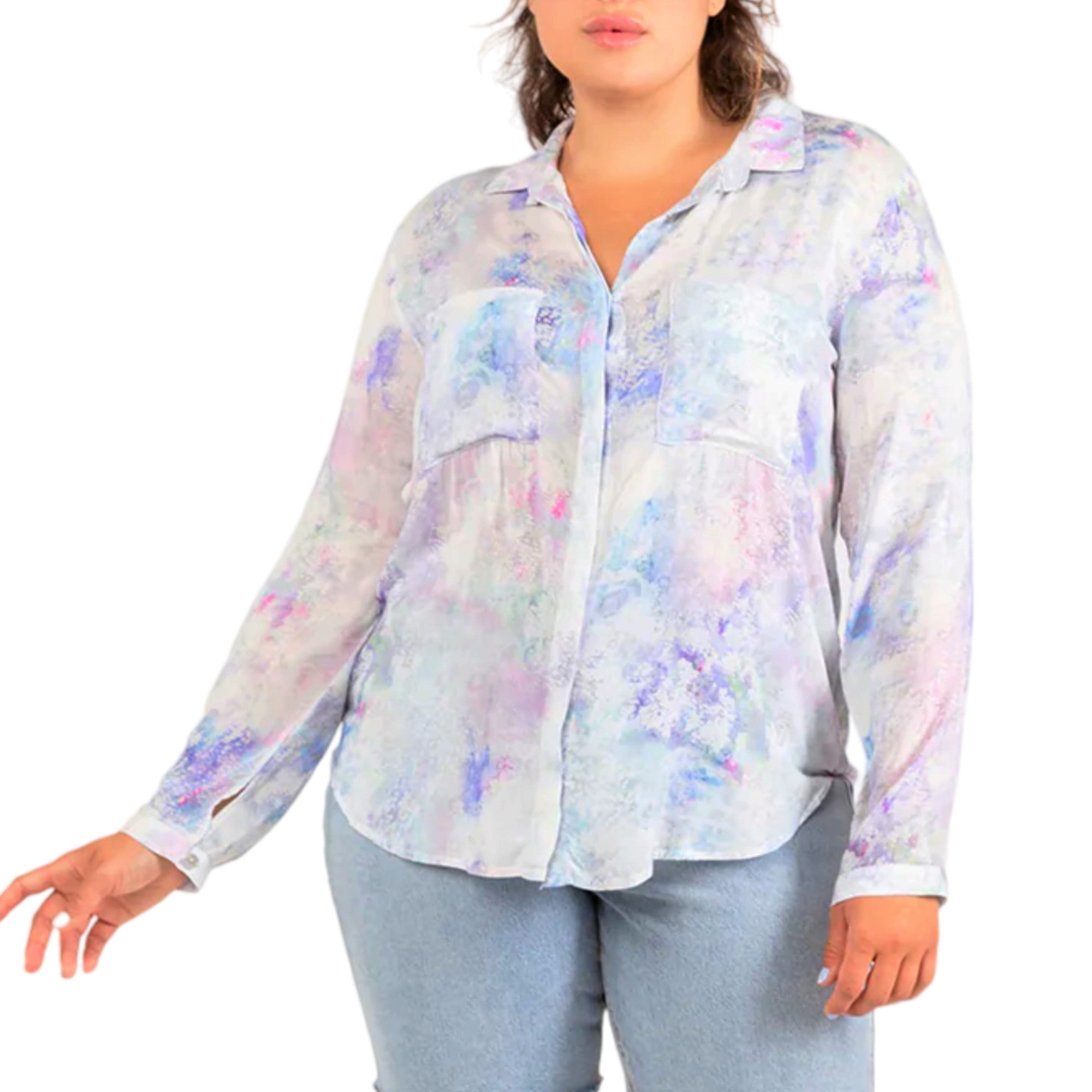 DEX Women's Plus Pastel Print Long Sleeves Button Down Top Shirt-Blue ...