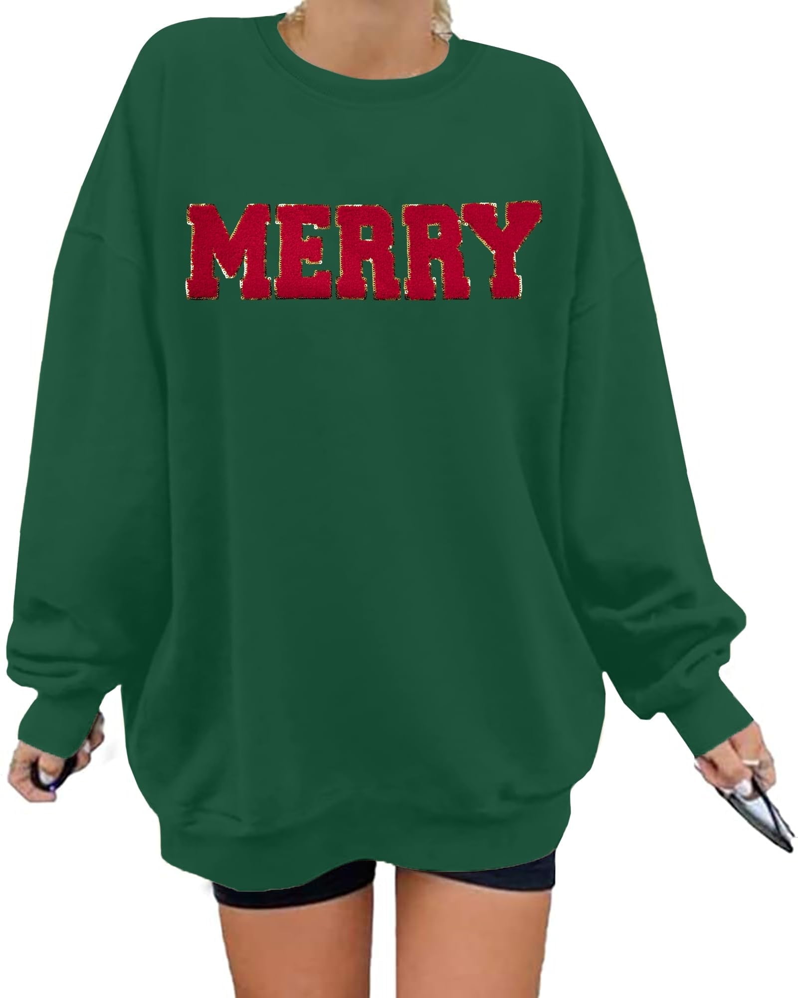DEXIO Merry Christmas Sweatshirts for Women Glitter Patch Merry Letter ...