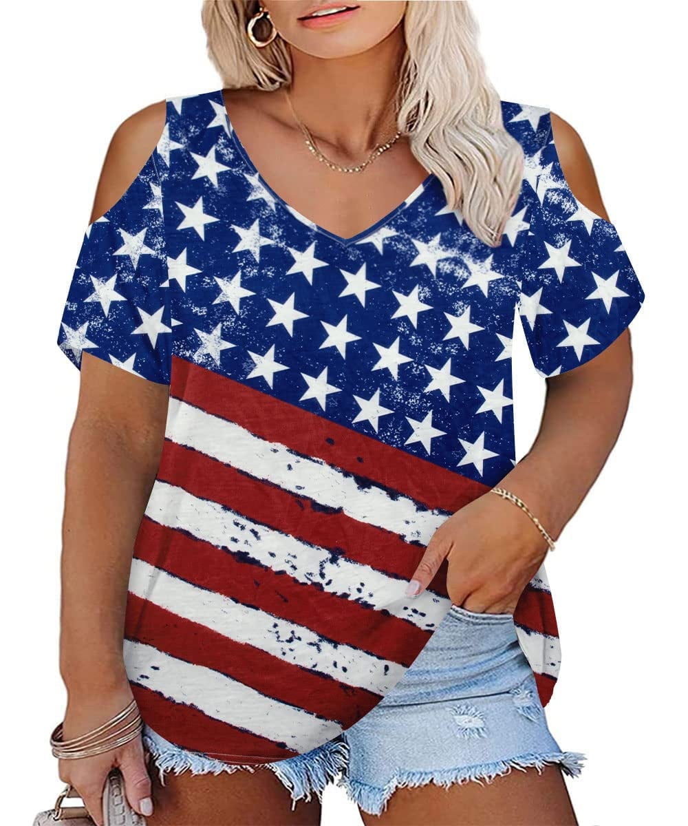 DEXIO Plus Size American Flag Shirt, Women's Patriotic 4th of July V ...