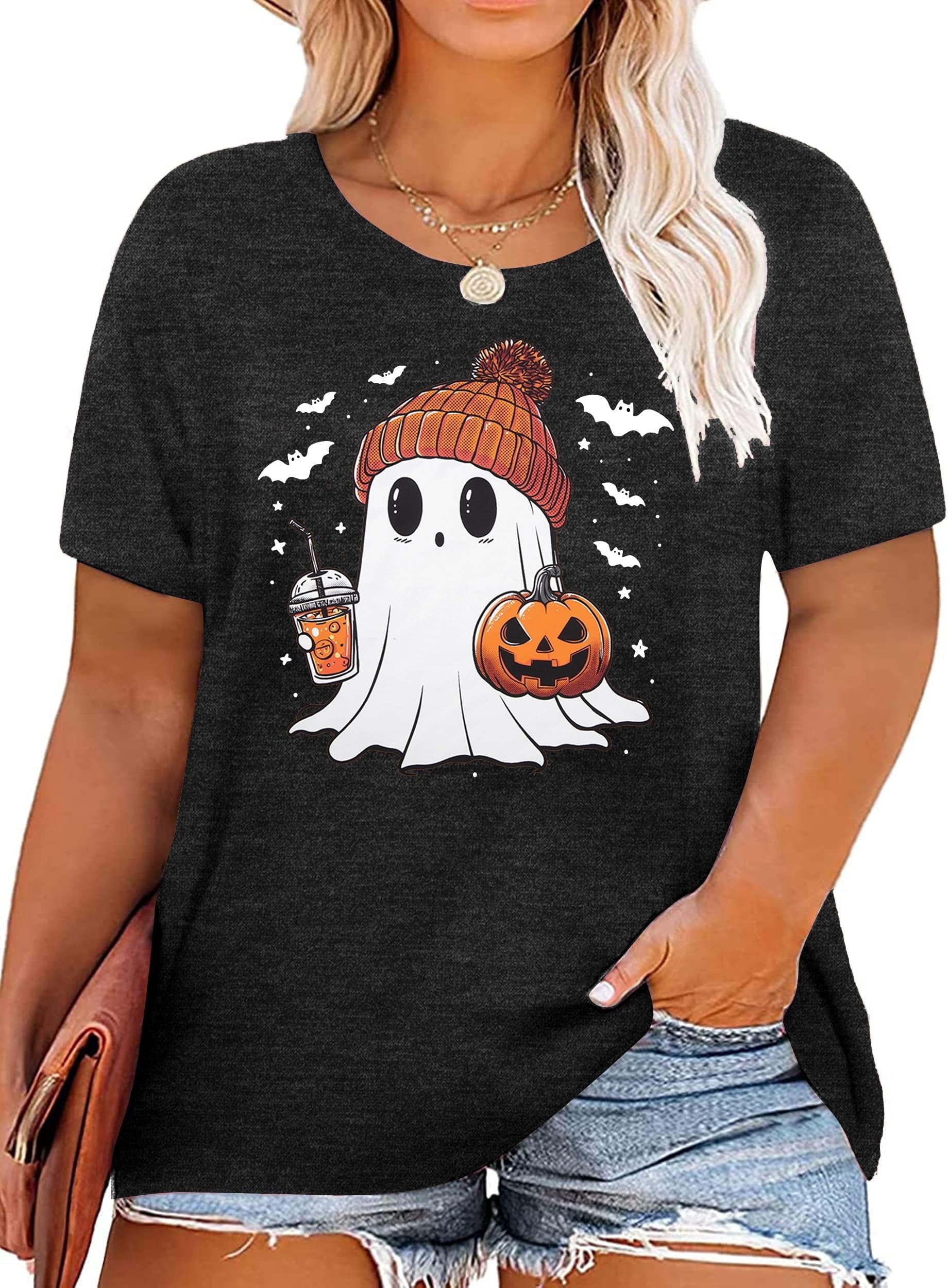 DEXIO Plus Size Halloween Shirts for Women Cute Ghost Shirt Fall ...