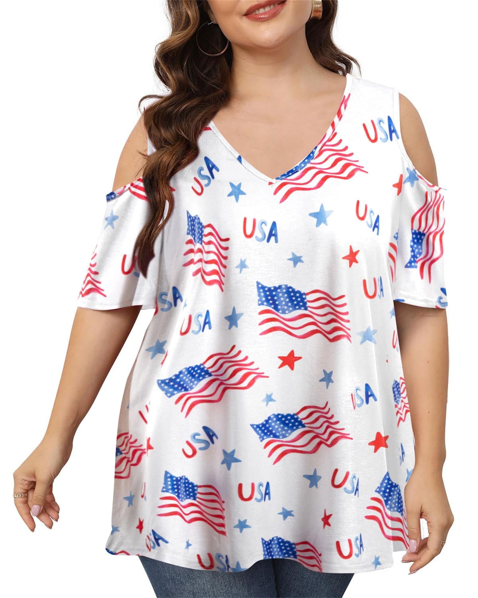 DEXIO Plus Size Women American Flag Shirt 4th of July Patriotic V Neck ...