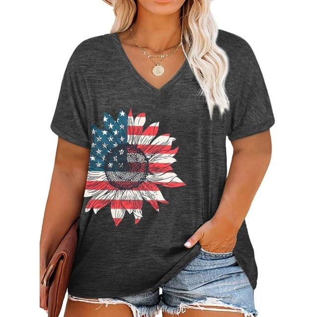 DEXIO Plus Size Women American Flag Shirt 4th of July Patriotic V Neck ...